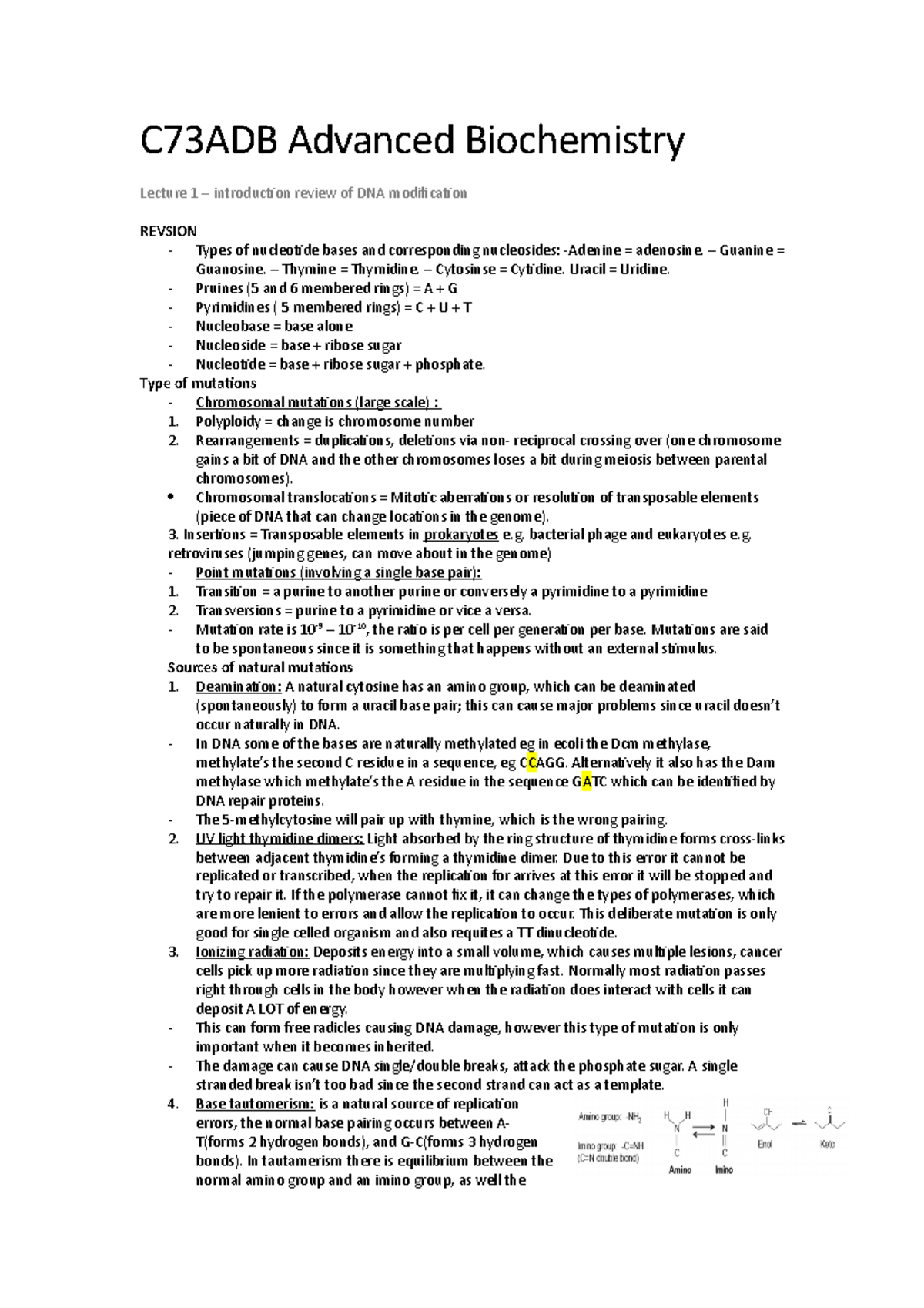 Notes. Advanced Biochemistry Autumn semester lecture - C73ADB Advanced ...