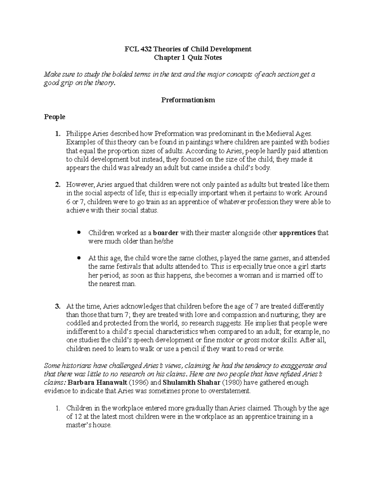 Chapter 1 Quiz Notes - Summary Theories of Development - FCL 432 ...