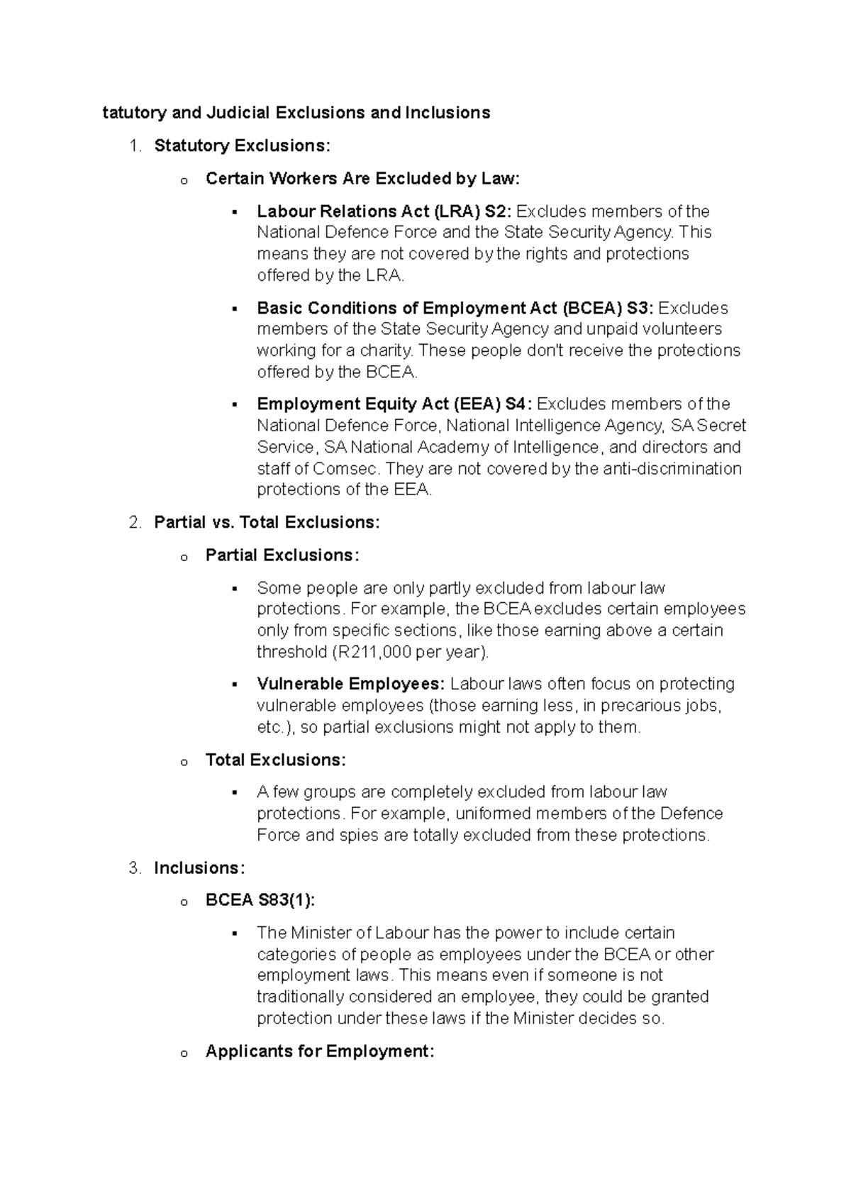 Labour law summaries - tatutory and Judicial Exclusions and Inclusions ...