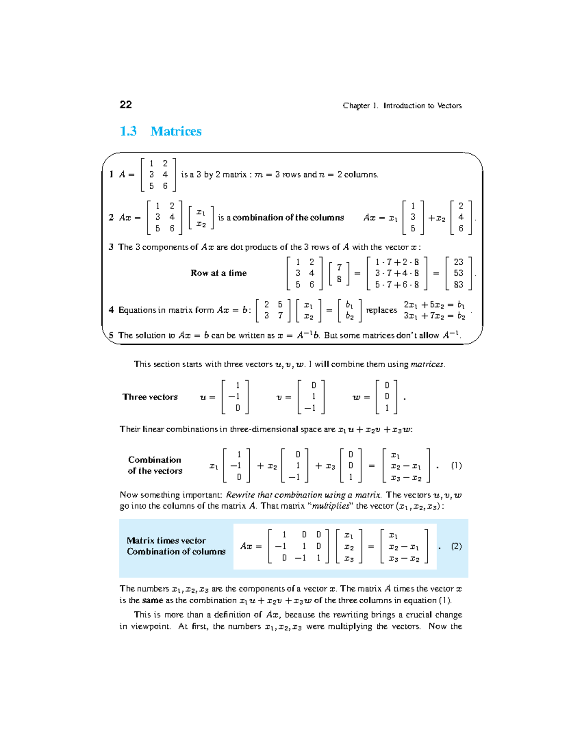 Linearalgebra 5 1-3 - Nope - 22 Chapter 1. Introduction to Vectors 1 Matrices ' & $ % 1 A ...