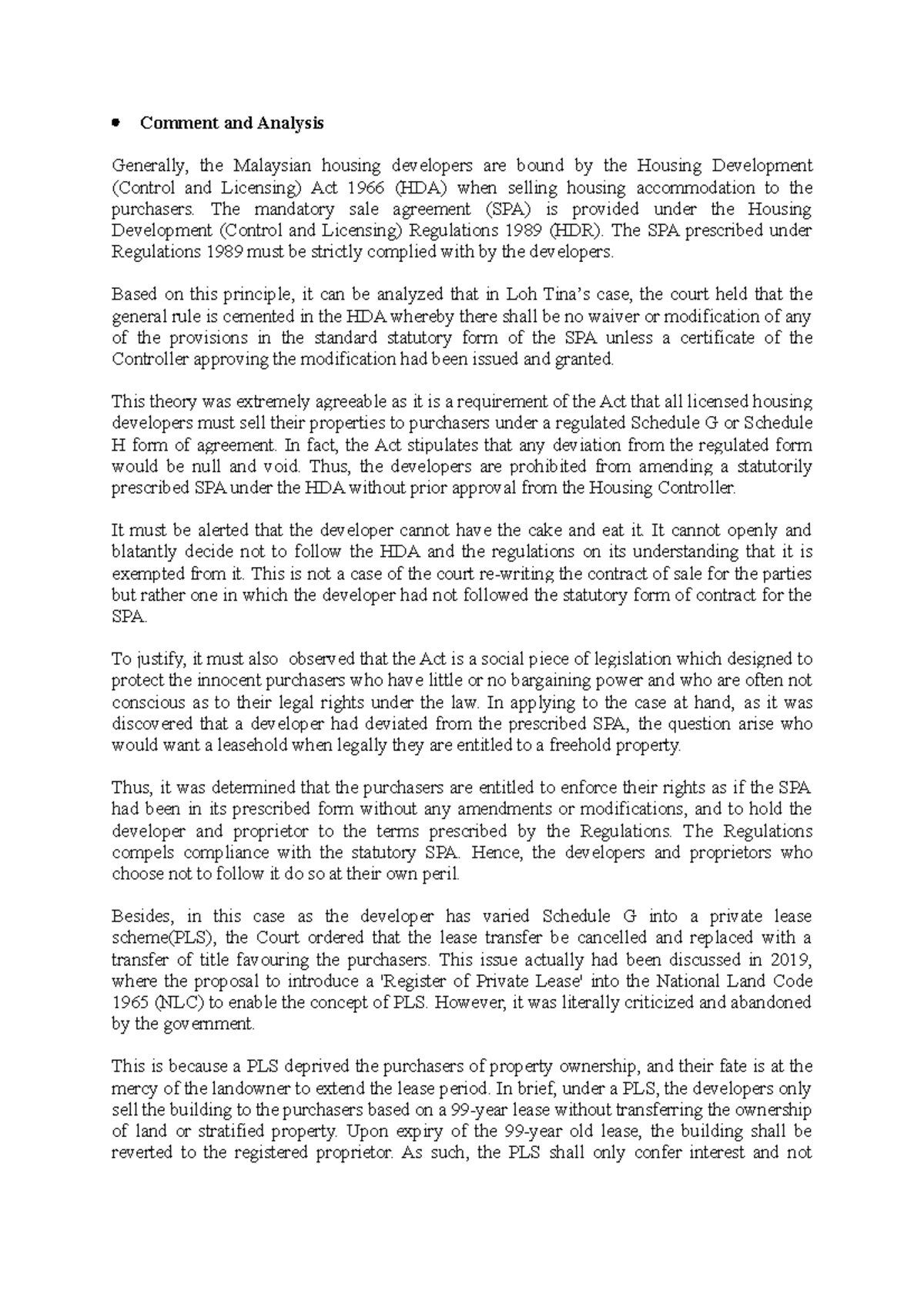 Comment and Analysis ON CASES - Comment and Analysis Generally, the ...