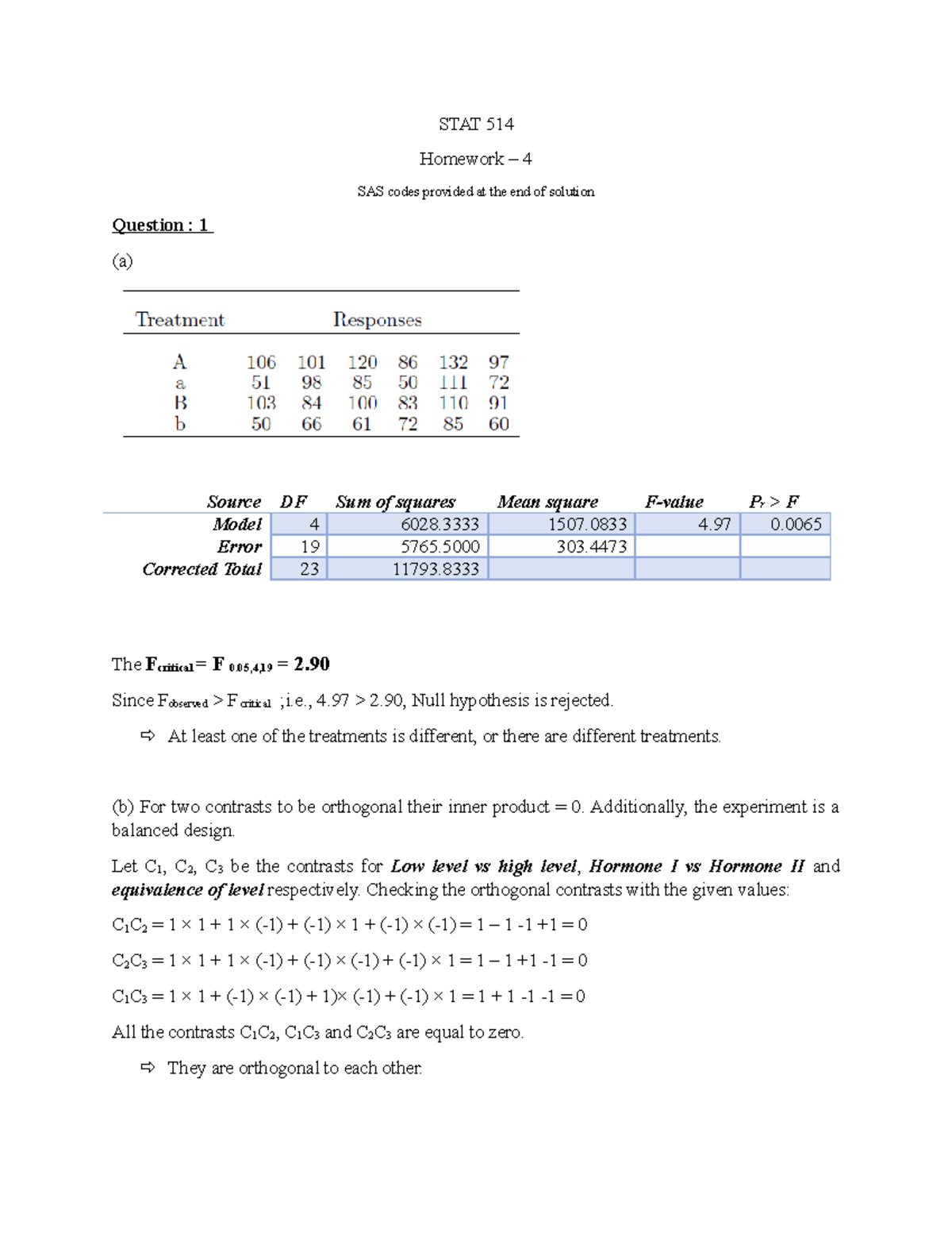 STAT 514 - Homework 4 - STAT 514 Homework – 4 SAS codes provided at the ...