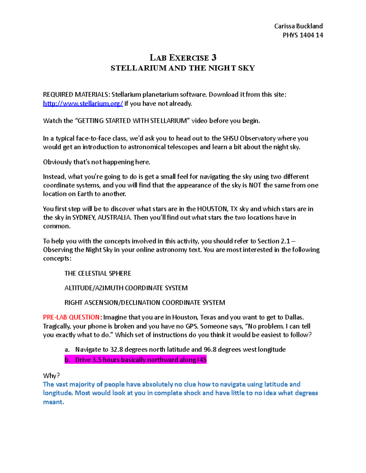 Lab 3 stellarium and the night sky Cbuckland - PHYS 1404 14 LAB ...