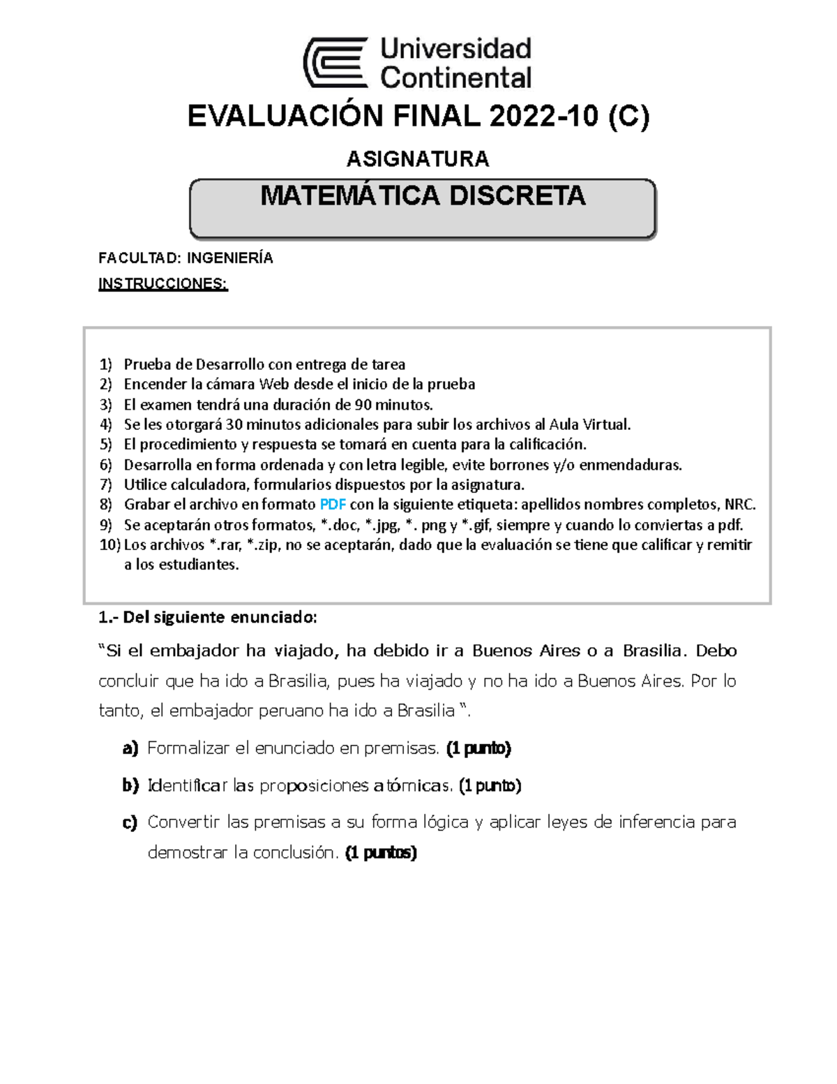 Examen Final Matemática Discreta 2022 10 (C) - MATEMÁTICA DISCRETA EVALUACIÓN FINAL 2022-10 (C ...