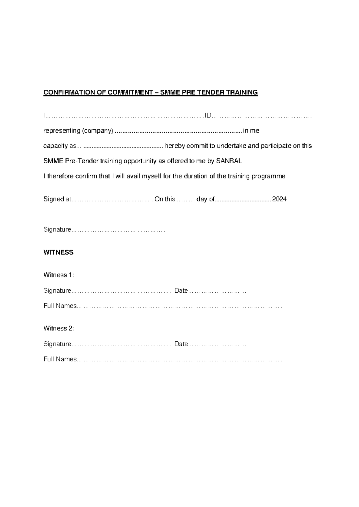 Sanral Letter OF Commitment 2024 - CONFIRMATION OF COMMITMENT – SMME ...