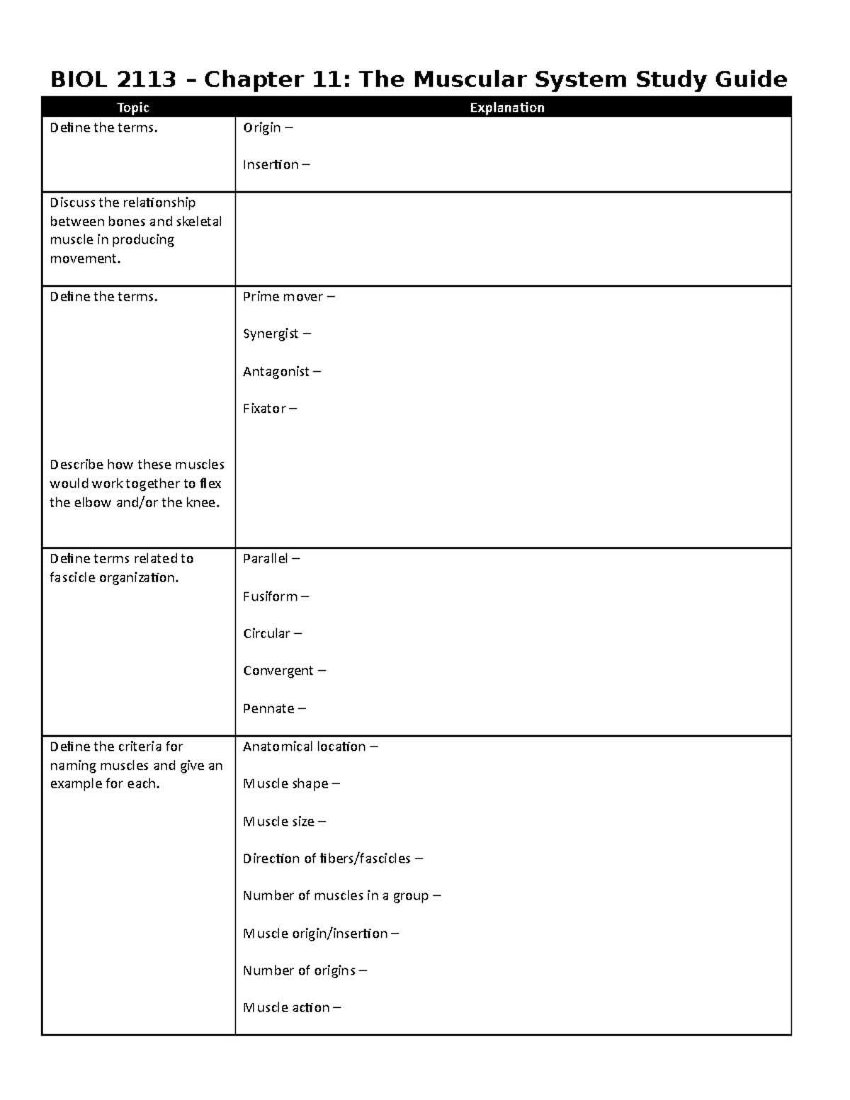 BIOL 2113 Ch11 Study Notes - BIOL 2113 – Chapter 11: The Muscular ...