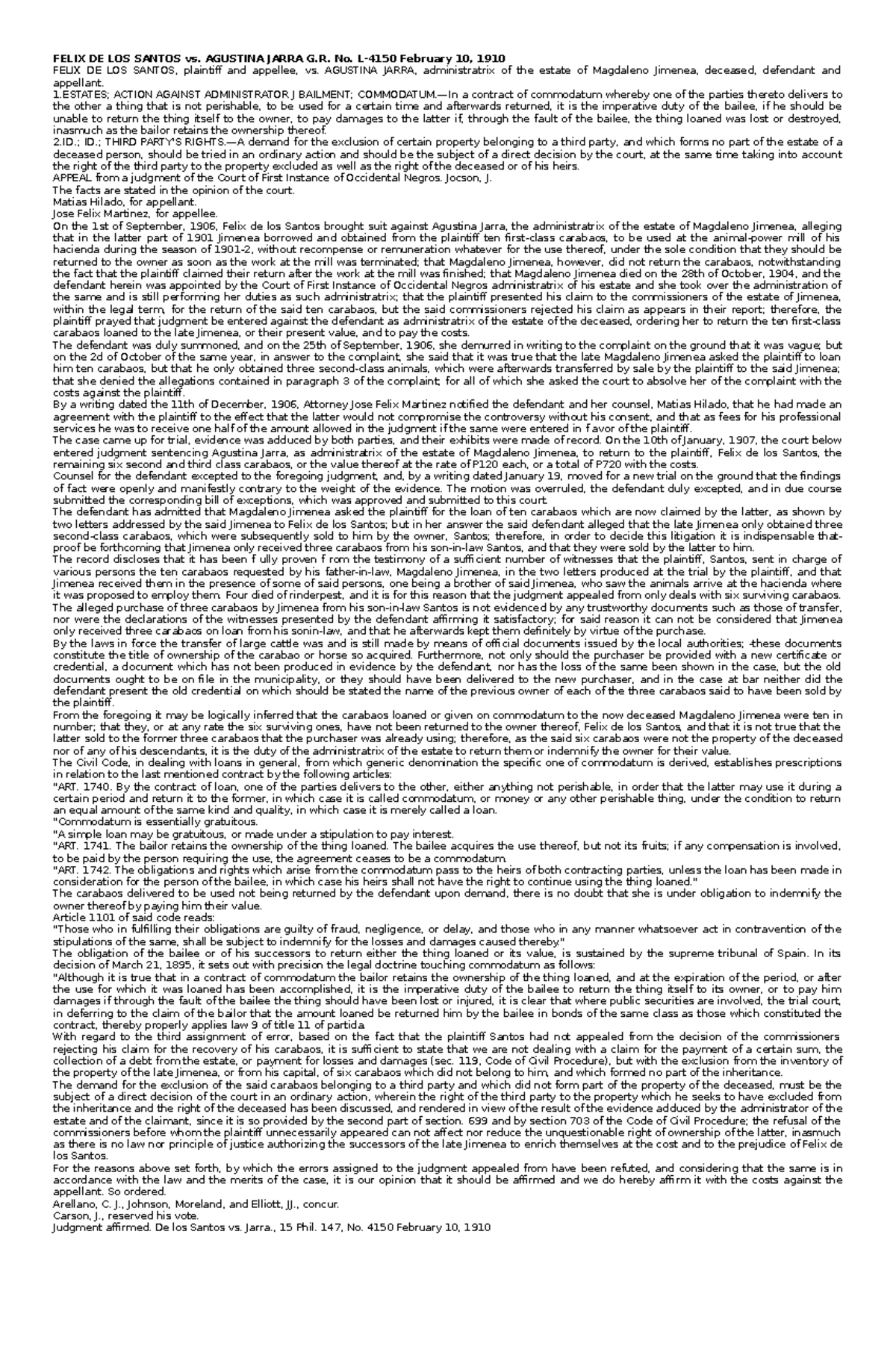 Felix DE LOS Santos vs. Agustina Jarra G.R. No. L-4150 February 10 ...