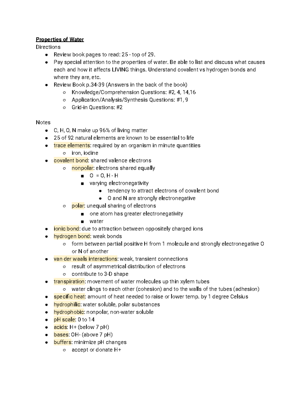 Properties of Water - Properties of Water Directions Review book pages ...