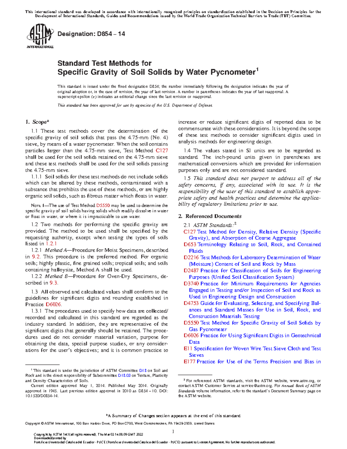 Standard Test Methods for Specific Gravity of Soil Solids by Water ...