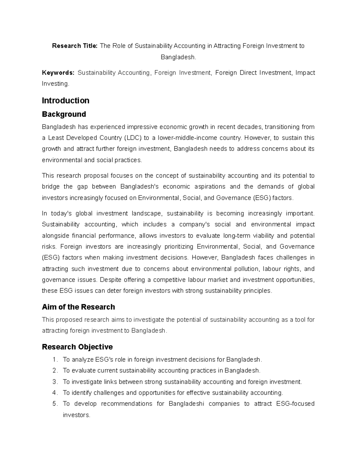 Research Proposal - Read - Research Title: The Role of Sustainability ...