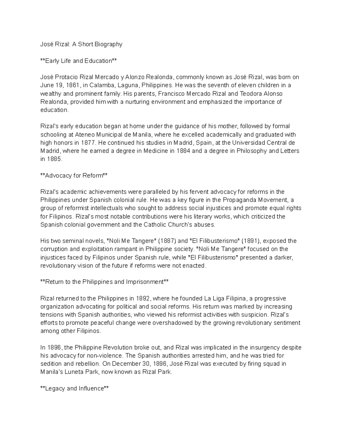 José Rizal A Short Biography - José Rizal: A Short Biography Early Life ...