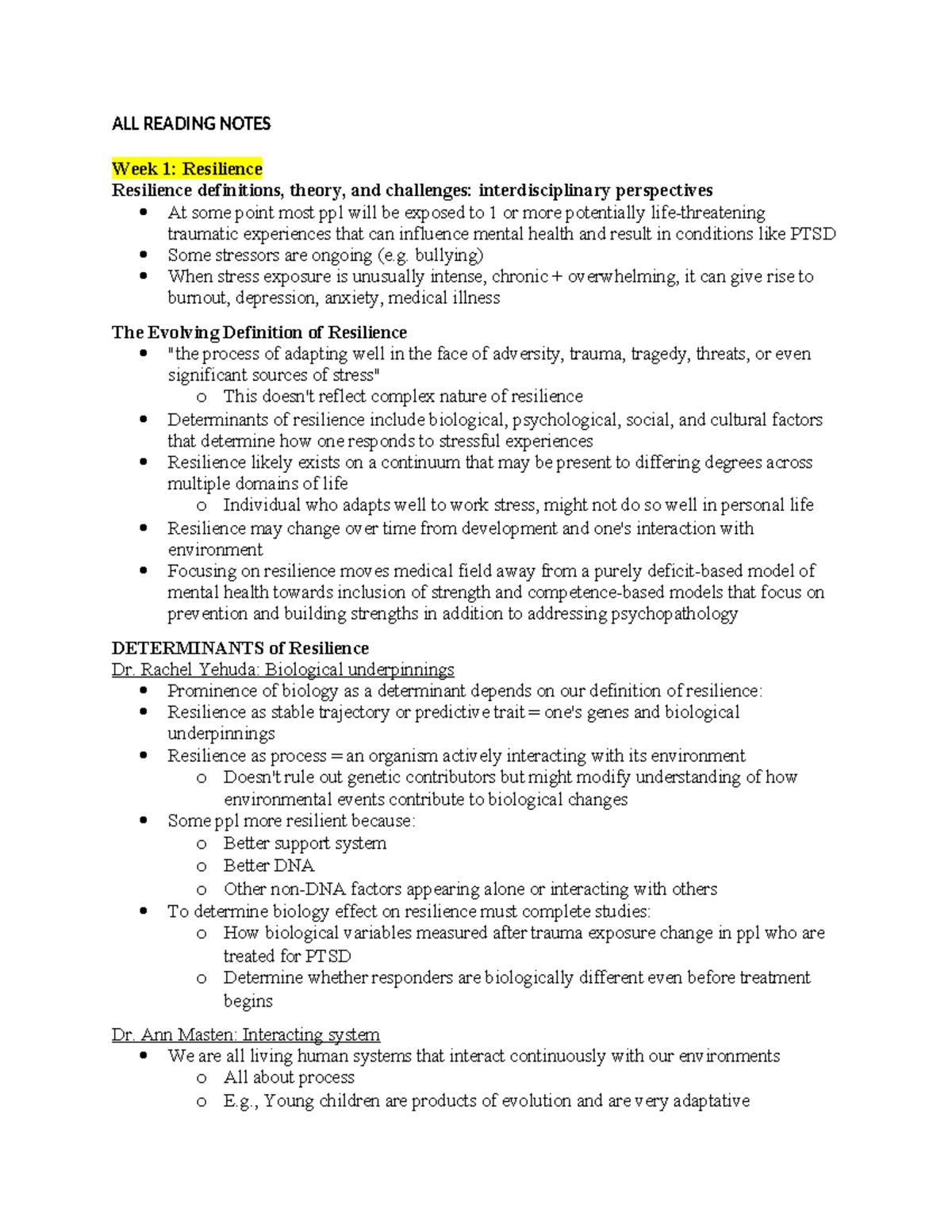 ALL Reading Notes - ALL READING NOTES Week 1: Resilience Resilience ...