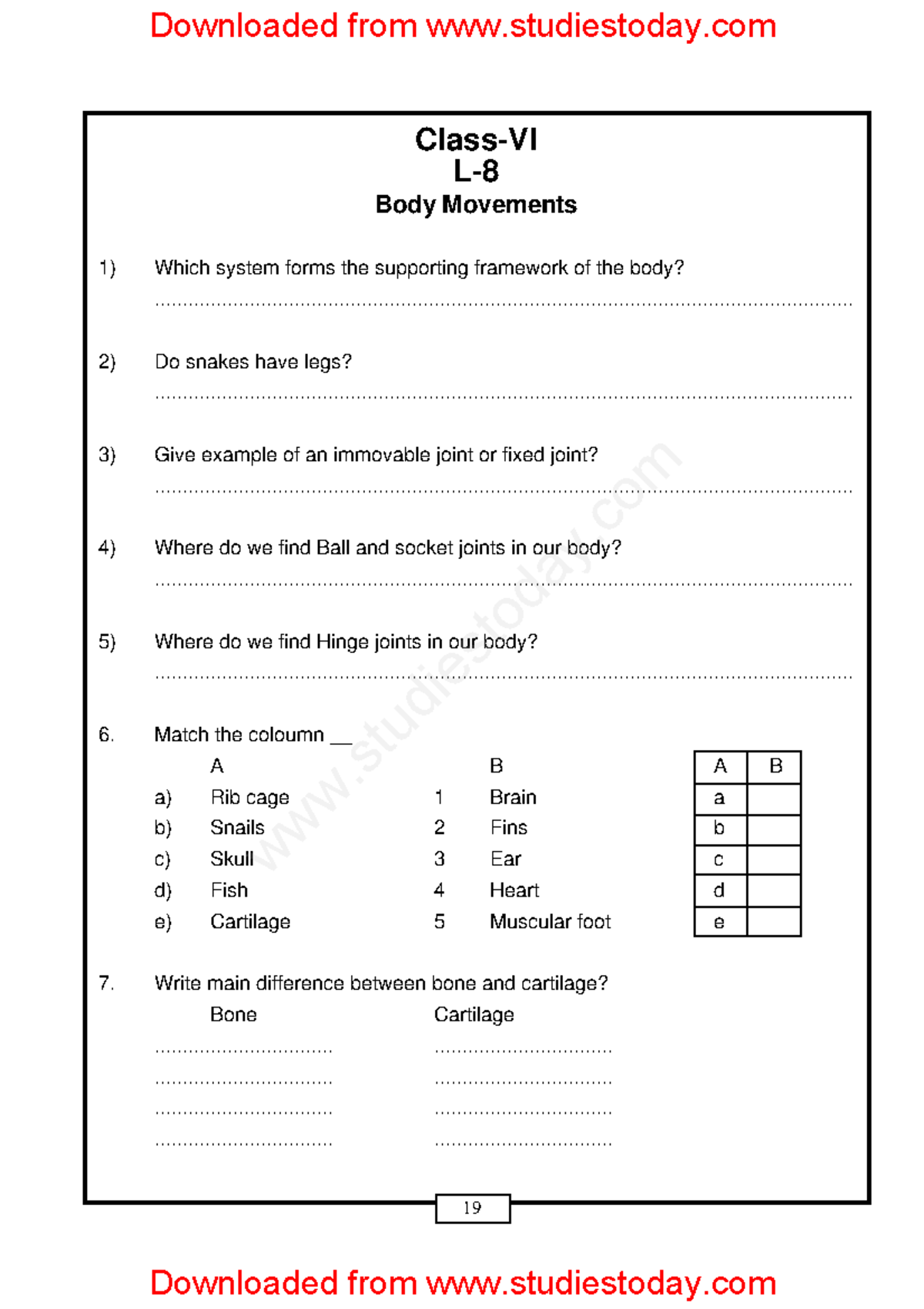 CBSE Class 6 Science Body Movements Worksheet - 19 Class-VI L- Body ...