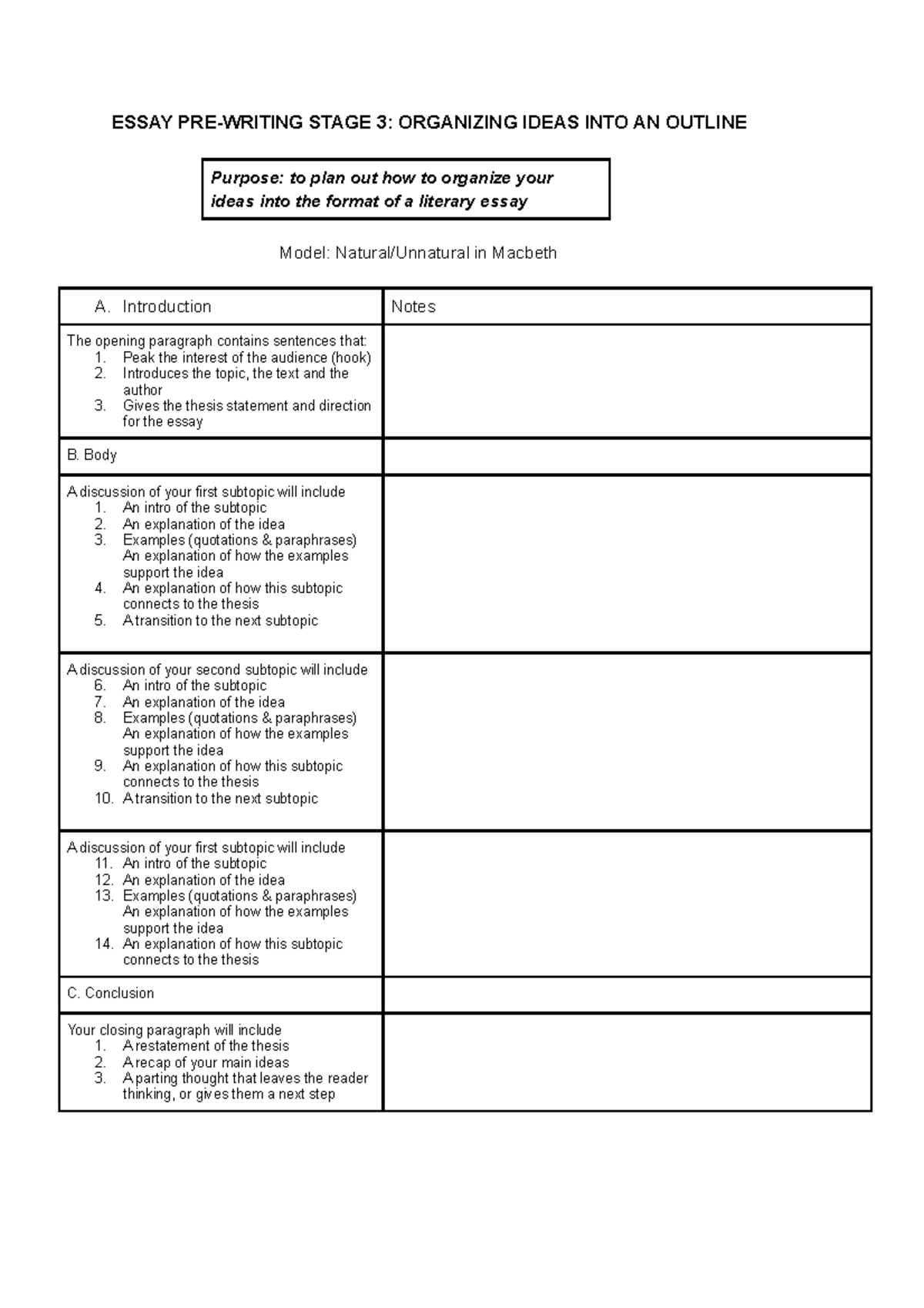 Essay PRE- Writing Stage 3 Organizing Ideas INTO AN Outline - ESSAY PRE ...