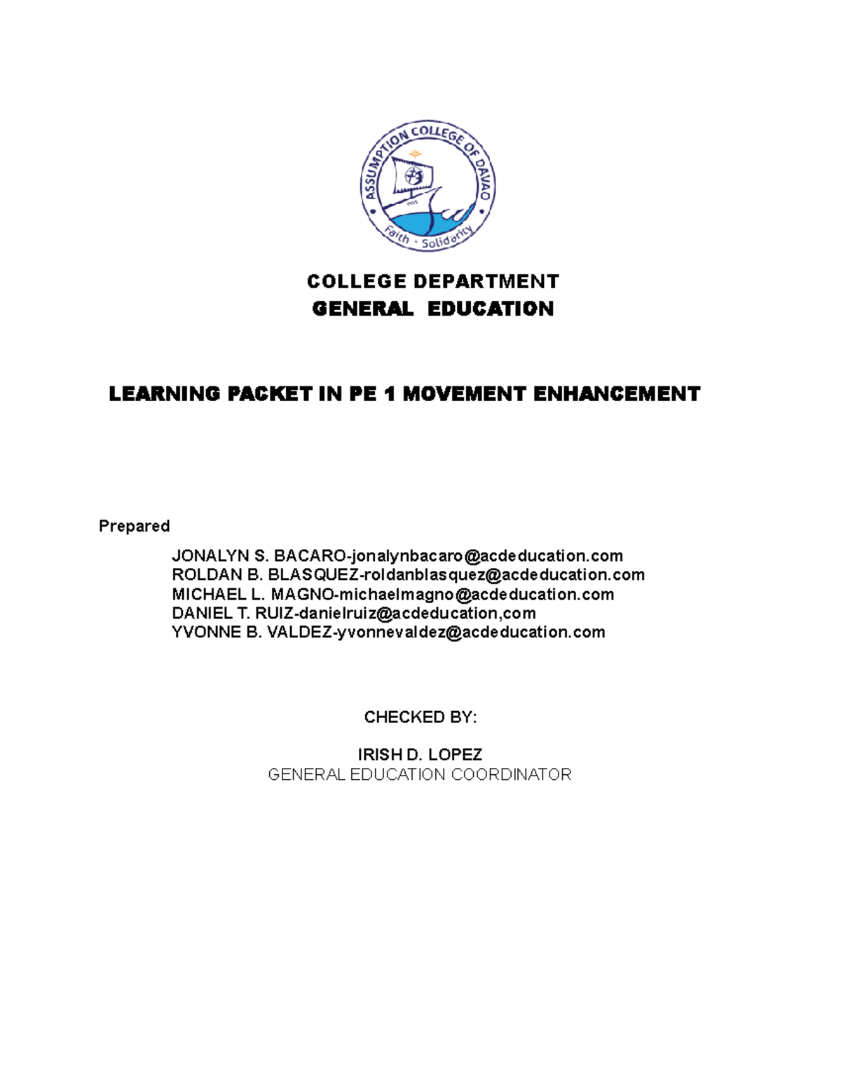 Learning Packet Zumba - Prepared by: CHECKED BY: IRISH D. LOPEZ GENERAL ...