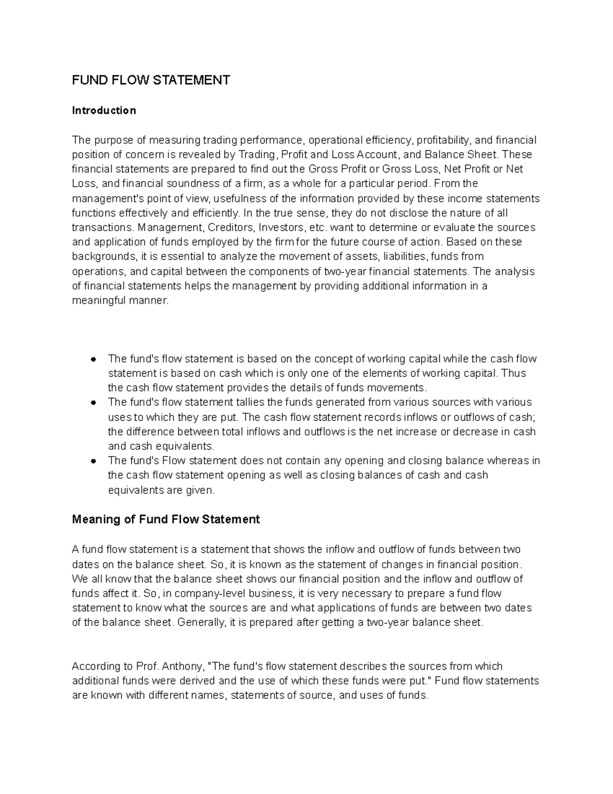 FUND FLOW Statement - FUND FLOW STATEMENT Introduction The purpose of ...