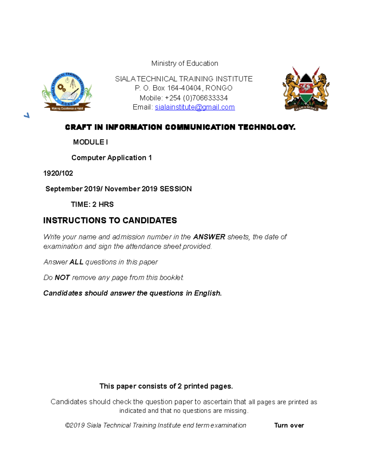 Exam November 2019, questions - Ministry of Education SIALA TECHNICAL ...