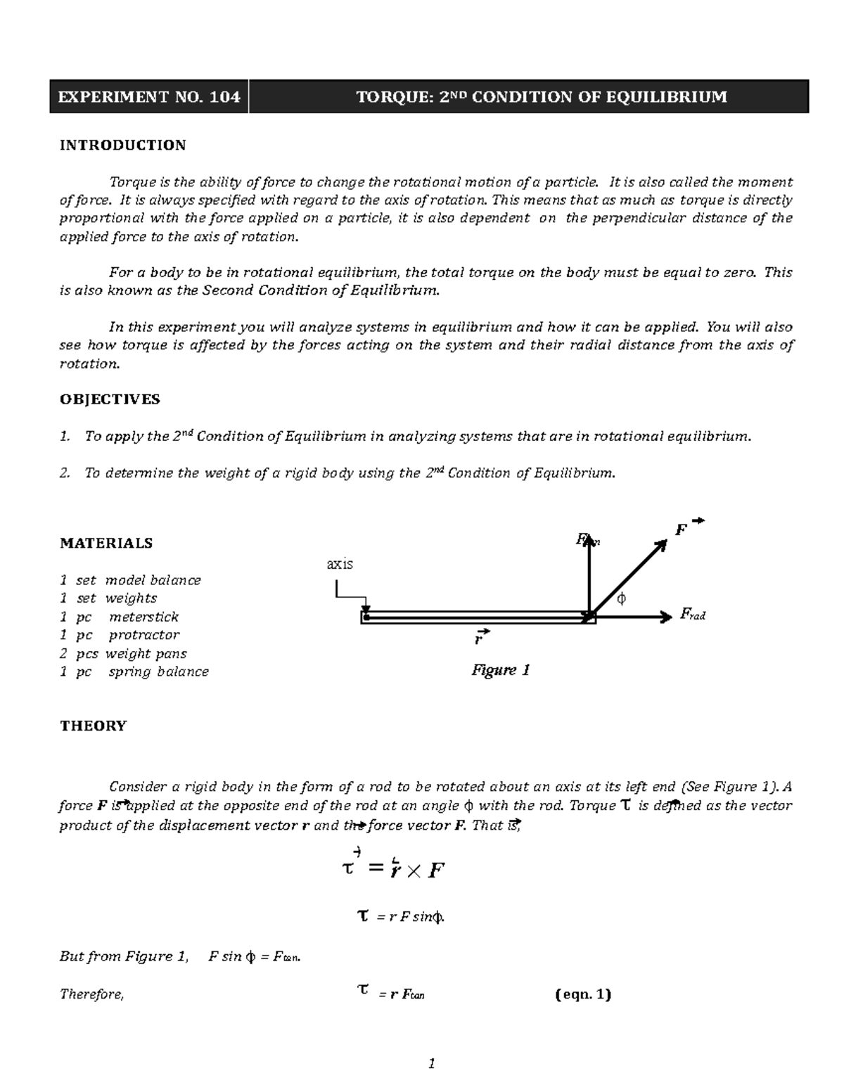 EXPERIMENT NO. 104: TORQUE: 2nd CONDITION OF EQUILIBRIUM P1 P2 - Fundamentals of Electrical ...