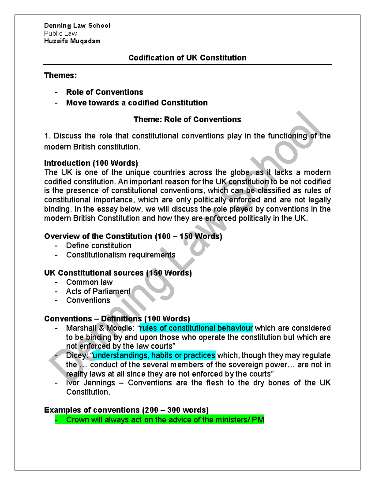 Answer Structures 17 - Public Law Huzaifa Muqadam Codification of UK ...