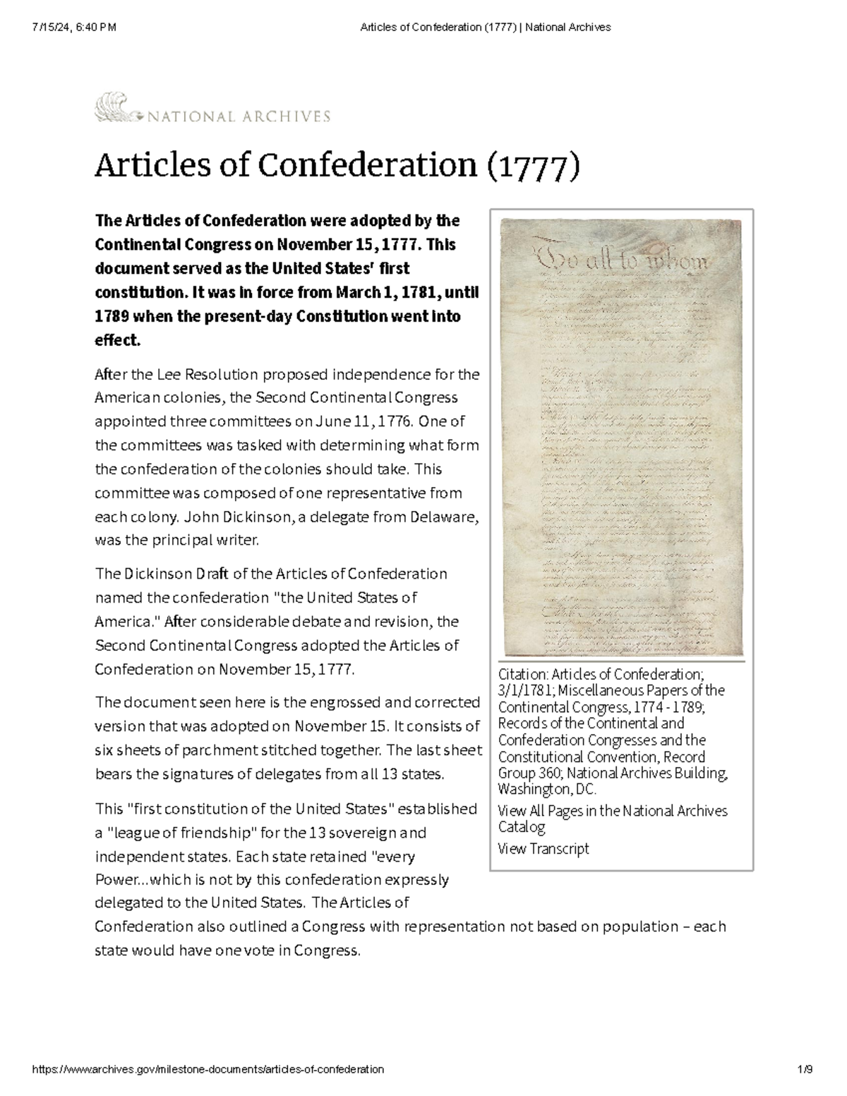 Articles of Confederation (1777) National Archives - Citation: Articles ...