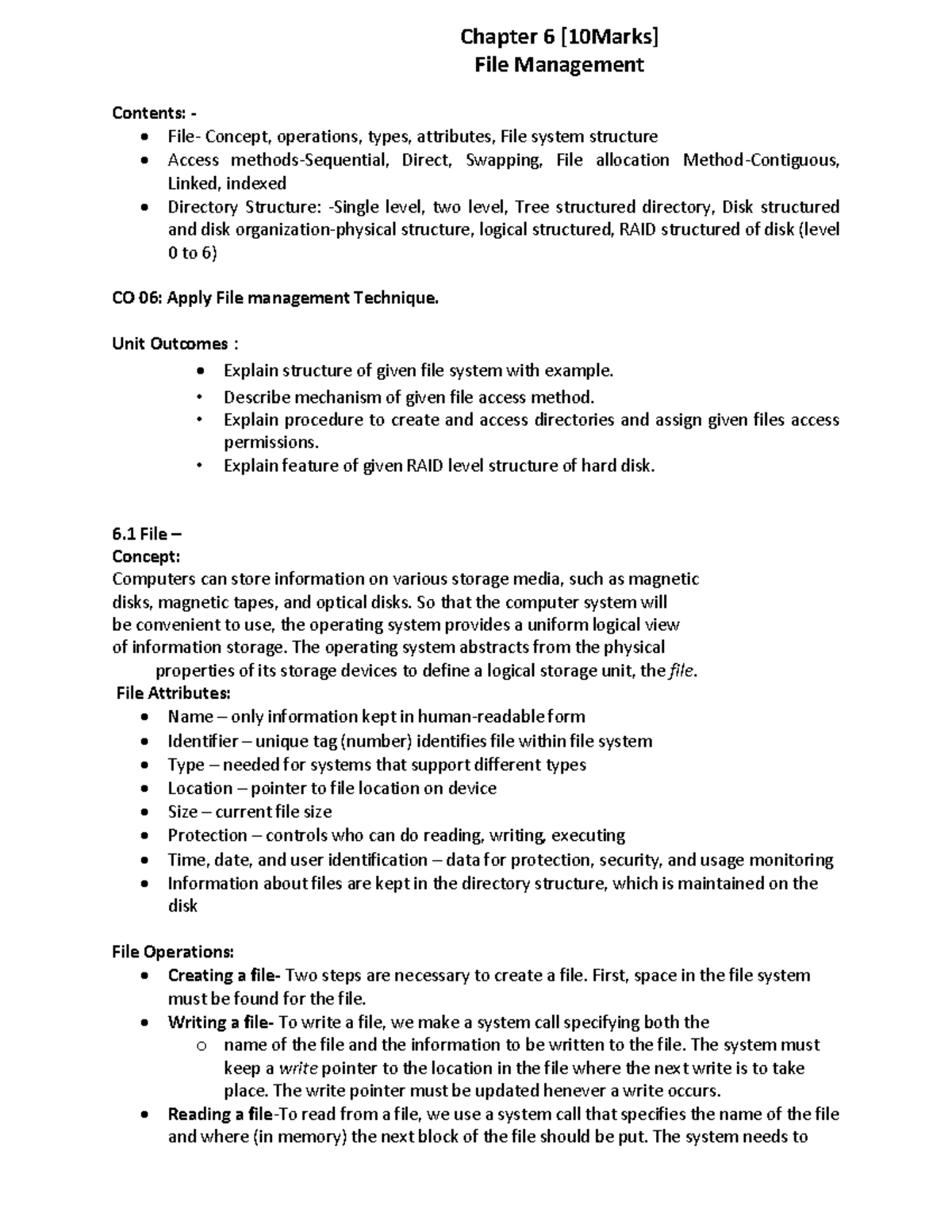 Chapter 6 - unit 5 imp - Chapter 6 [10Marks] File Management Contents ...