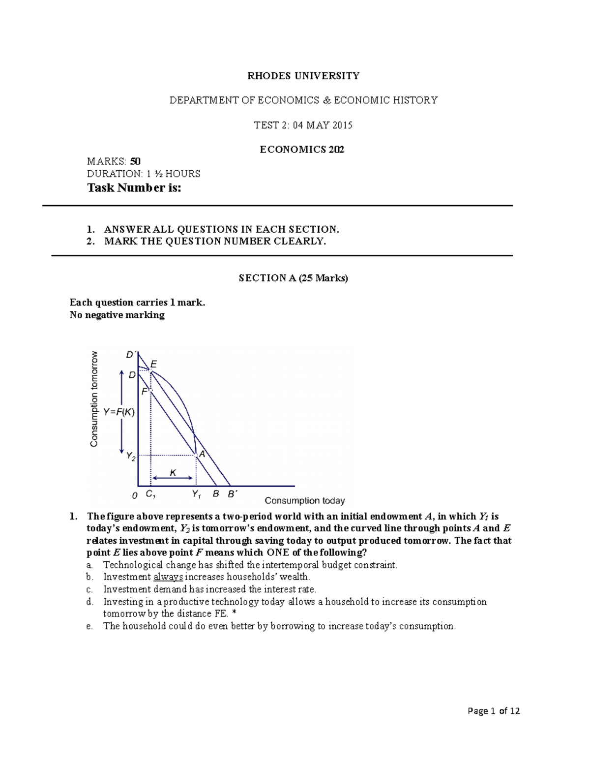 Economics Test 2 - RHODES UNIVERSITY DEPARTMENT OF ECONOMICS & ECONOMIC ...