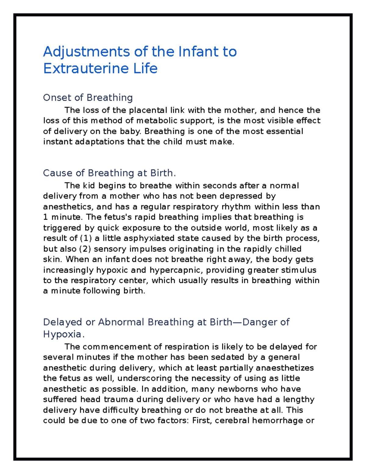 Adjustments of the Infant to Extrauterine Life - Human Physiology - Studocu