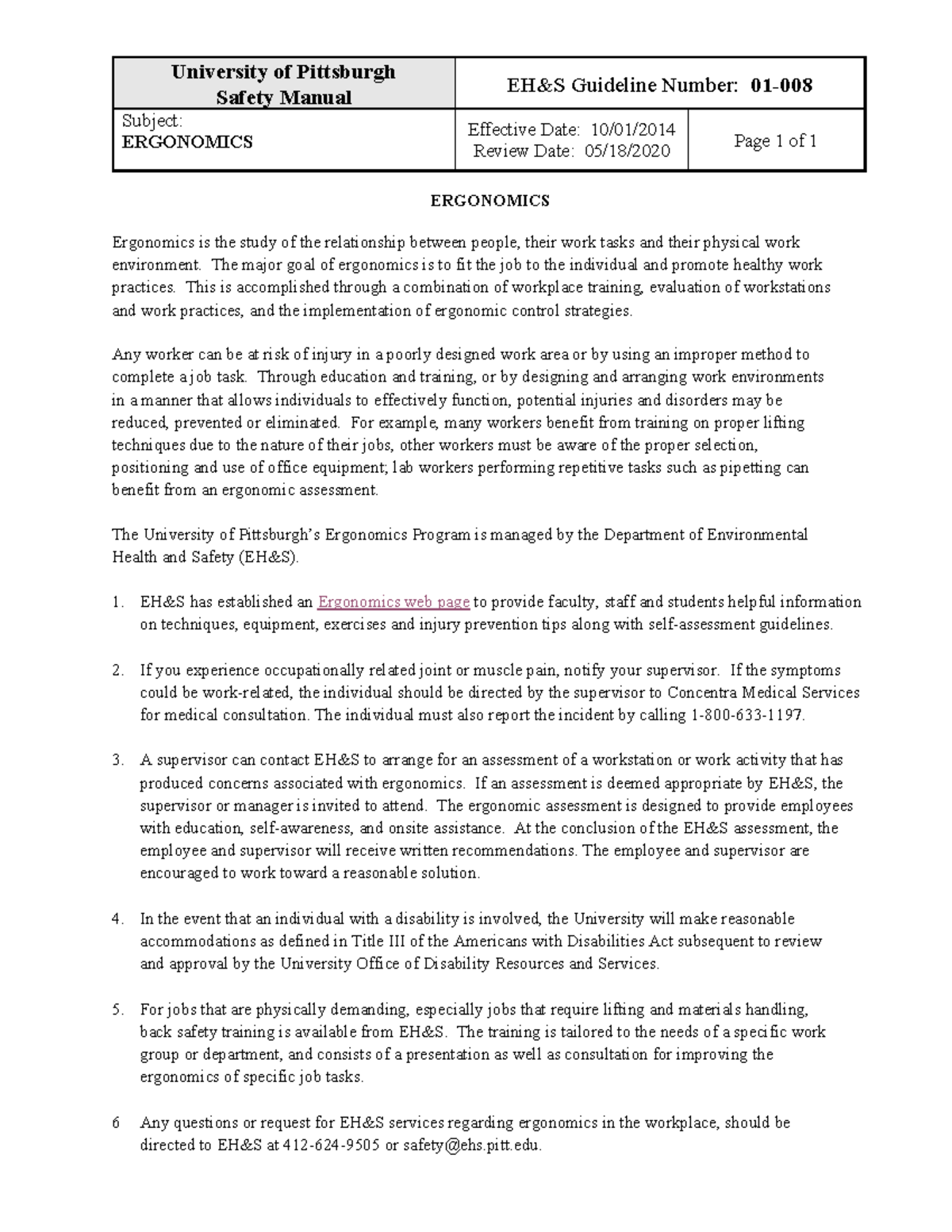 01-008Ergonomics - Study notes - University of Pittsburgh Safety Manual ...