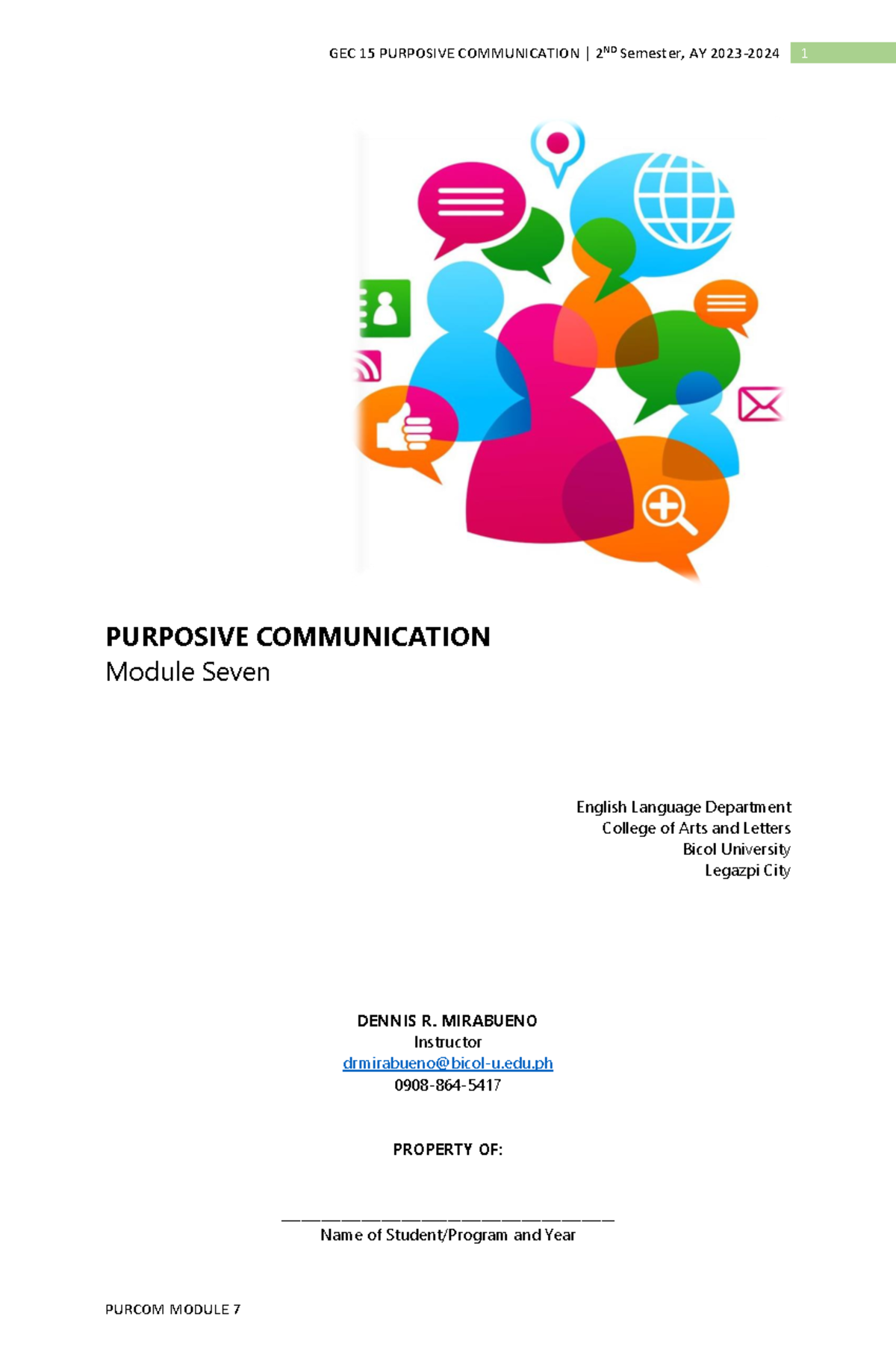 Module 7 2ND SEM AY 2023-2024 - PURPOSIVE COMMUNICATION Module Seven ...