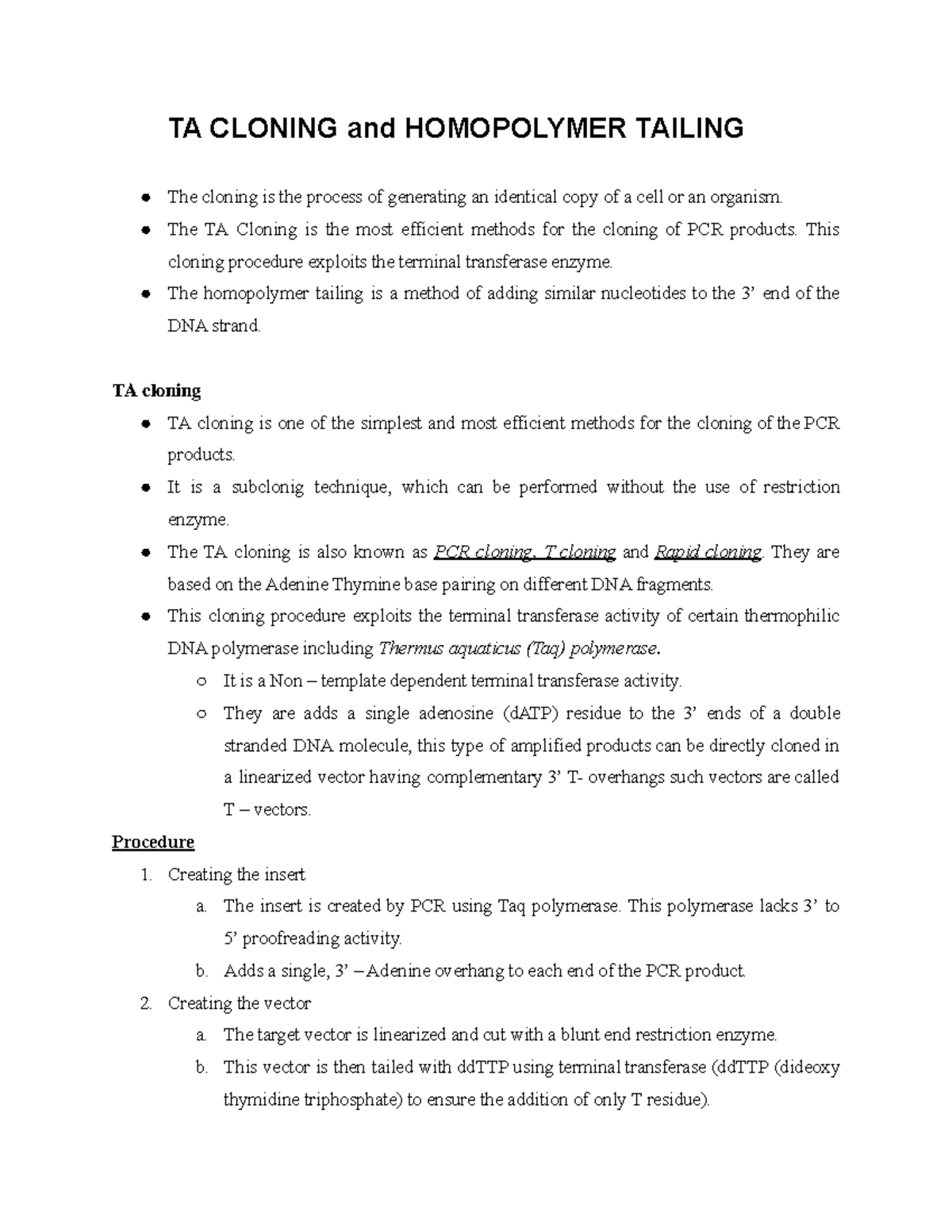 TA cloning & Homopolymer tailing - TA CLONING and HOMOPOLYMER TAILING ...