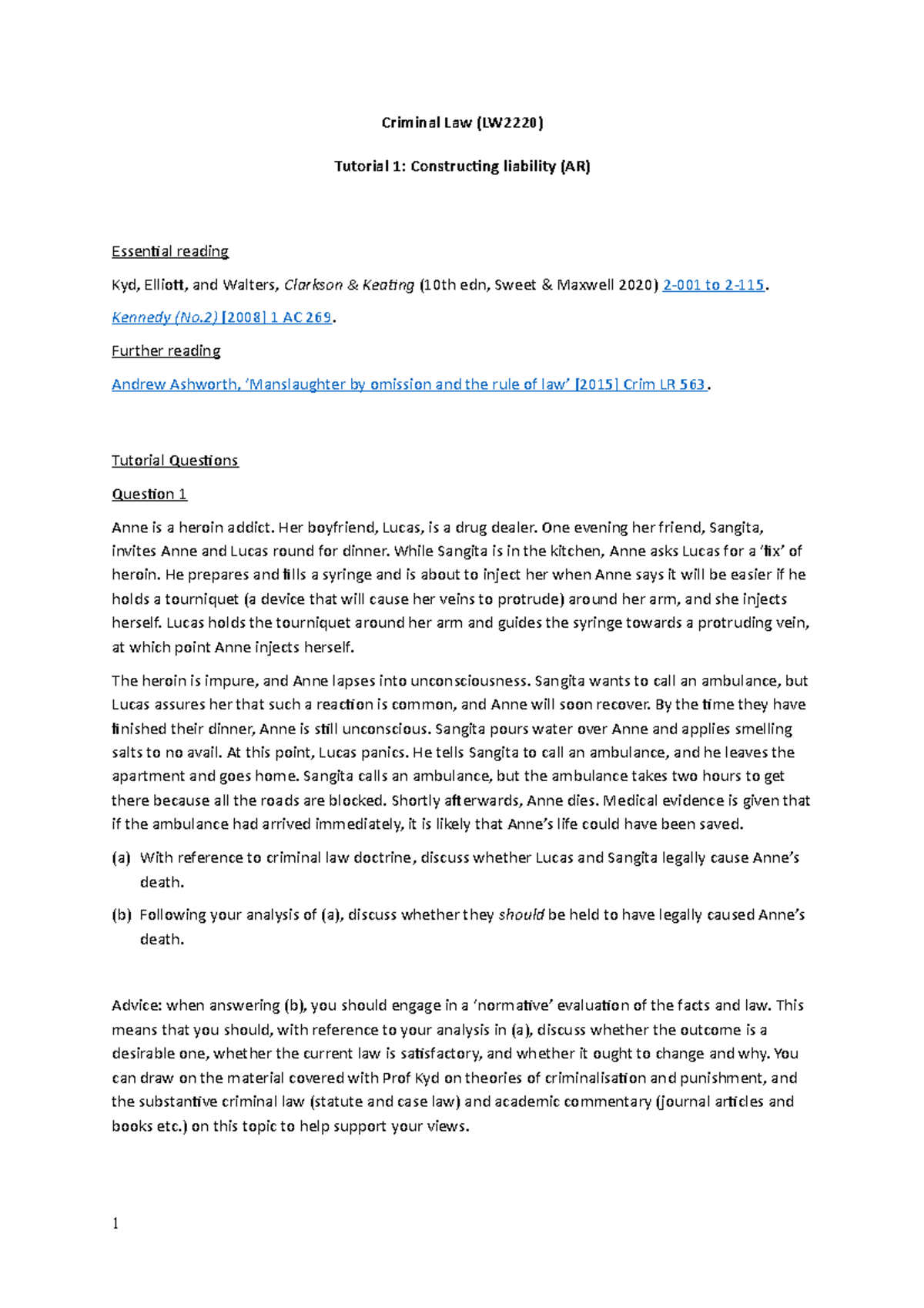 Tutorial 1 (LW2220) - Criminal Law (LW2220) Tutorial 1: Constructing ...