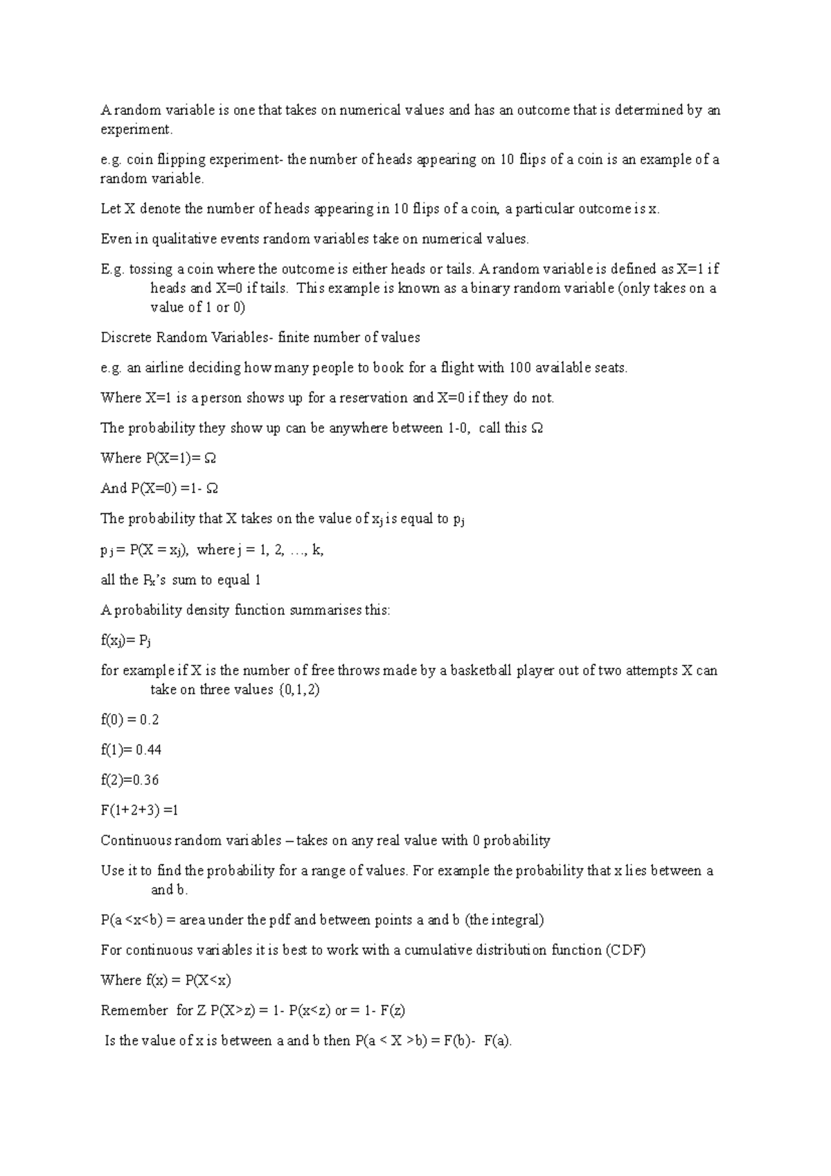Econometrics Revision Notes (Recovered) - A random variable is one that ...