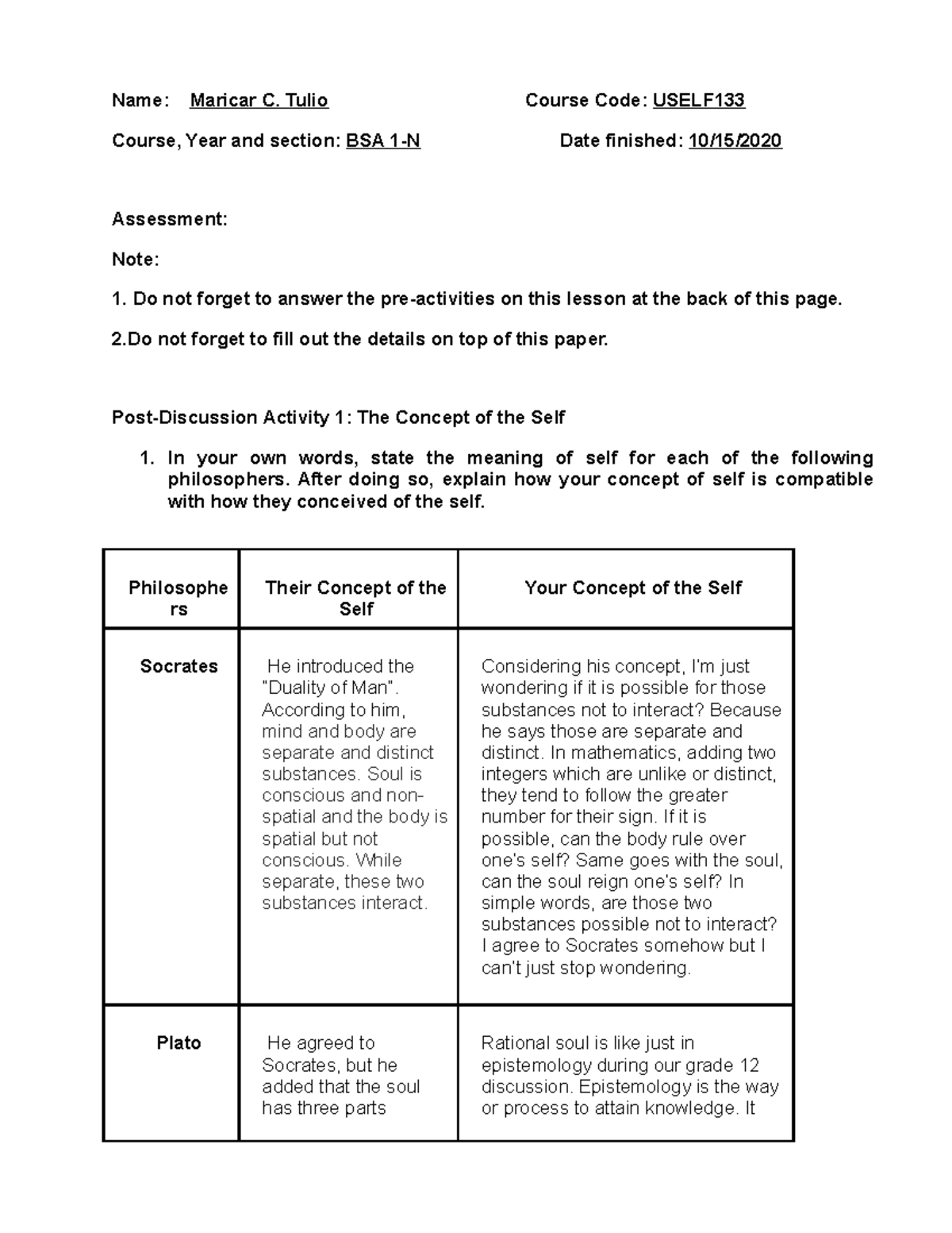 The Concept of the Self - Grade: A - Name: Maricar C. Tulio Course Code ...