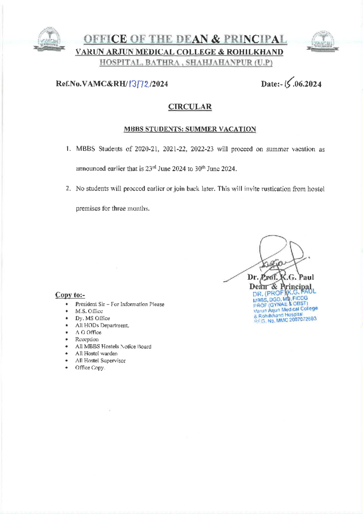Summer Vacation for MBBS - VANCAH OFFICE OF THE DEAN PRINCIPAL VAMCRIL ...