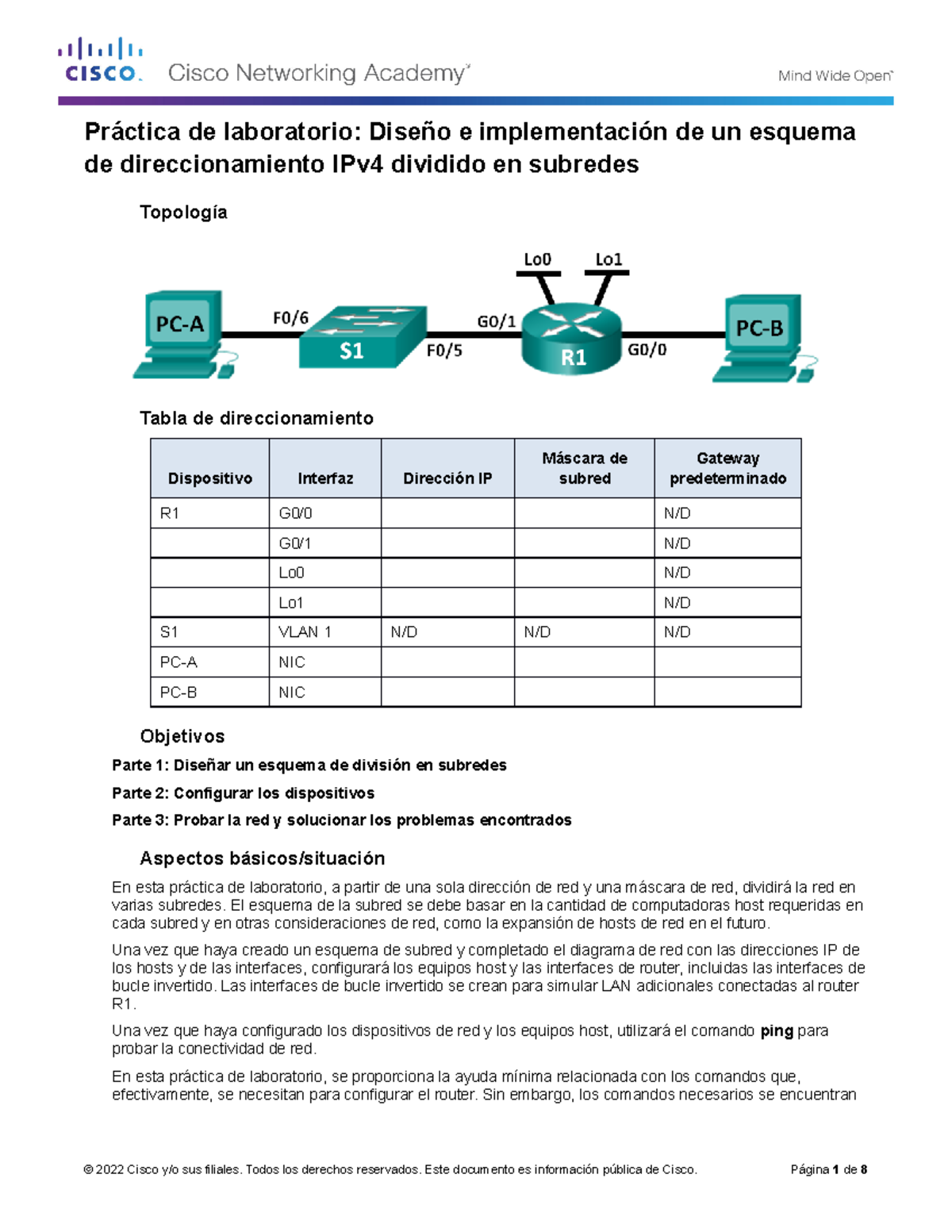 8.1.4.8 Lab - Designing and Implementing a Subnetted IPv4 Addressing Scheme - Práctica de - Studocu