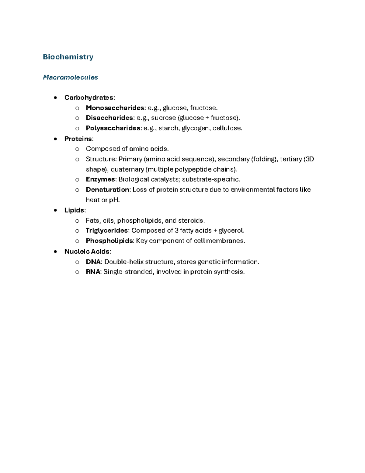 Biochemistry - notes - Biochemistry Macromolecules - Carbohydrates: o ...