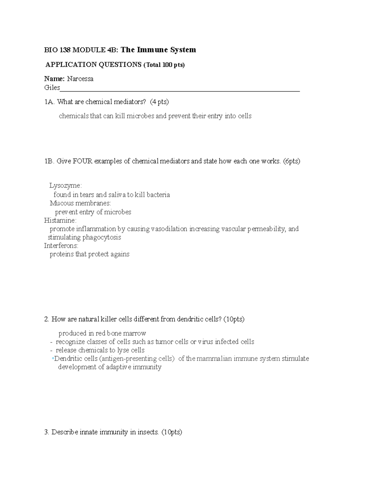 BIO 138 Module 4B application questions - BIO 138 MODULE 4B: The Immune ...