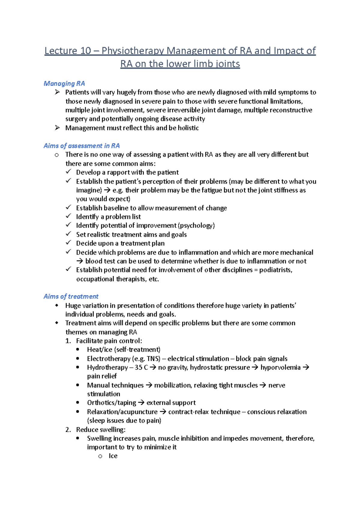 Lecture 10 - Physio Rx of RA - Lecture 10 – Physiotherapy Management of ...