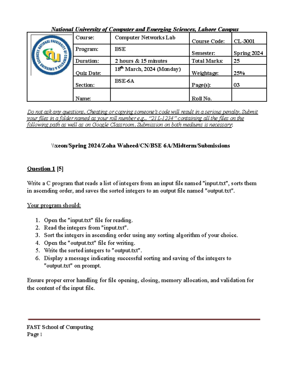 CN Lab-Mid- BSE 6A - National University of Computer and Emerging Sciences, Lahore Campus Course ...
