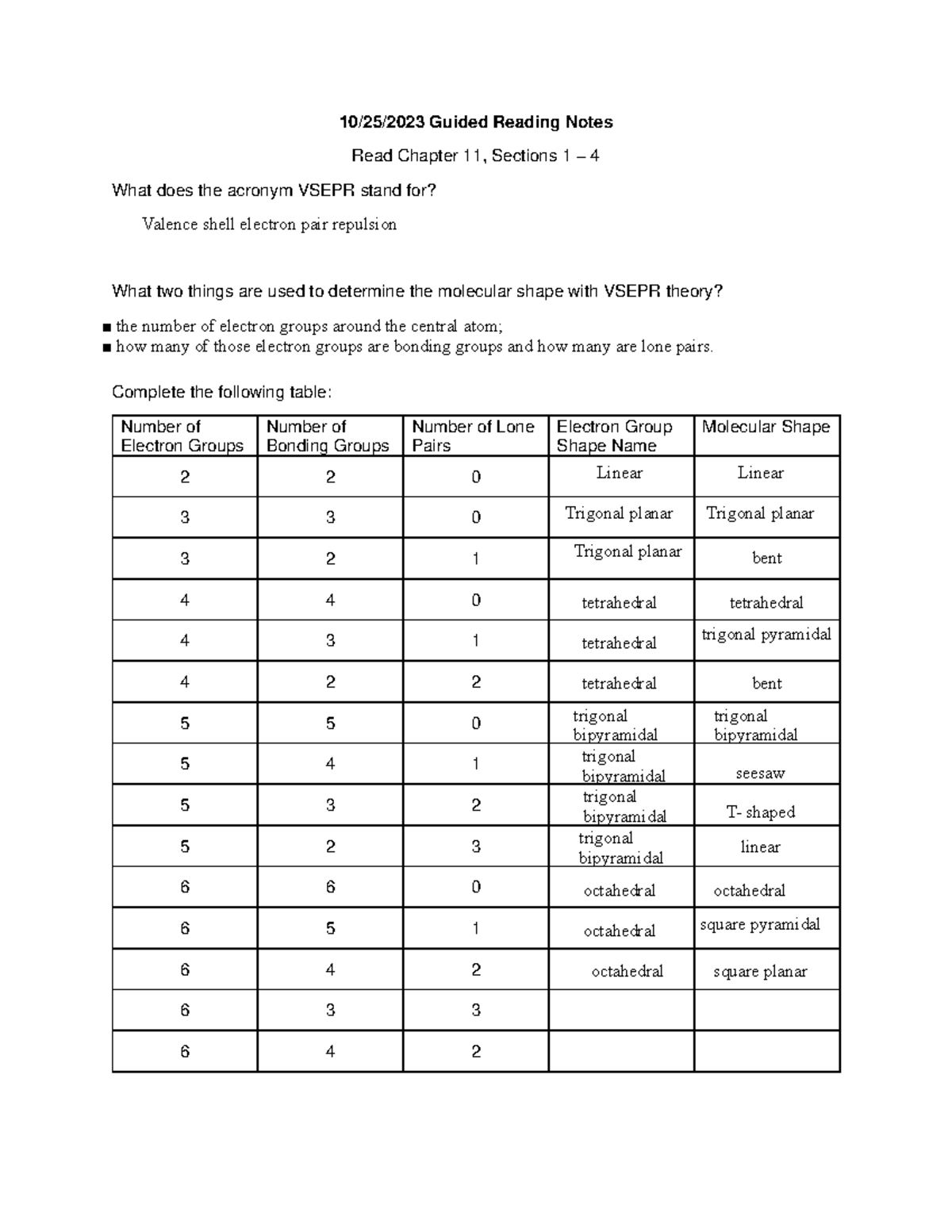 1025 Guided Reading Notes - CHEM105aLg - 10 / 25 /2023 Guided Reading ...
