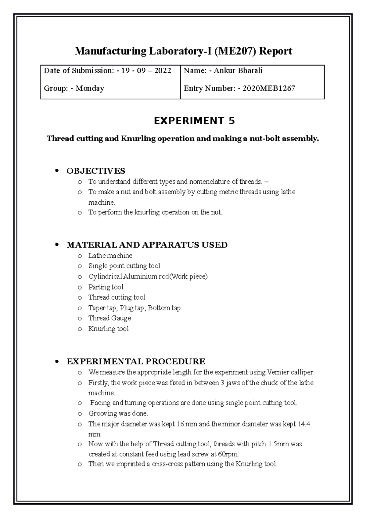 Thread cutting - OBJECTIVES o To understand different types and ...