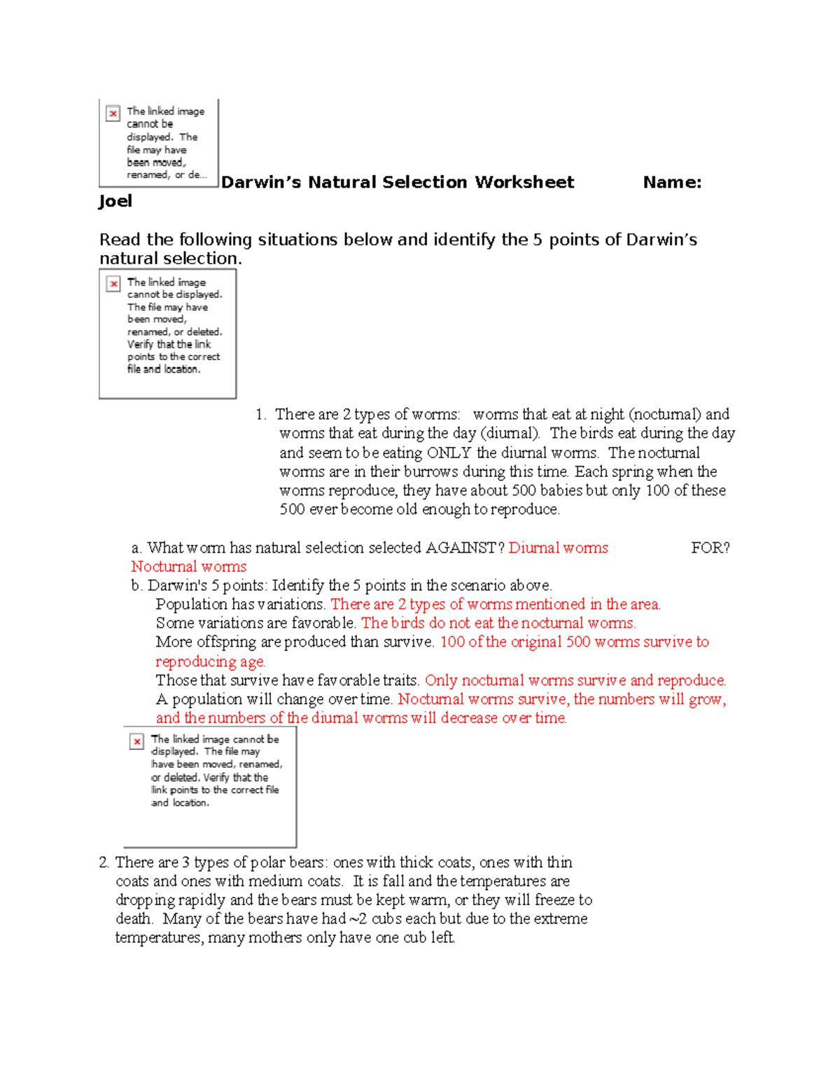 Darwin - Darwin’s Natural Selection Worksheet Name: Joel Read the ...