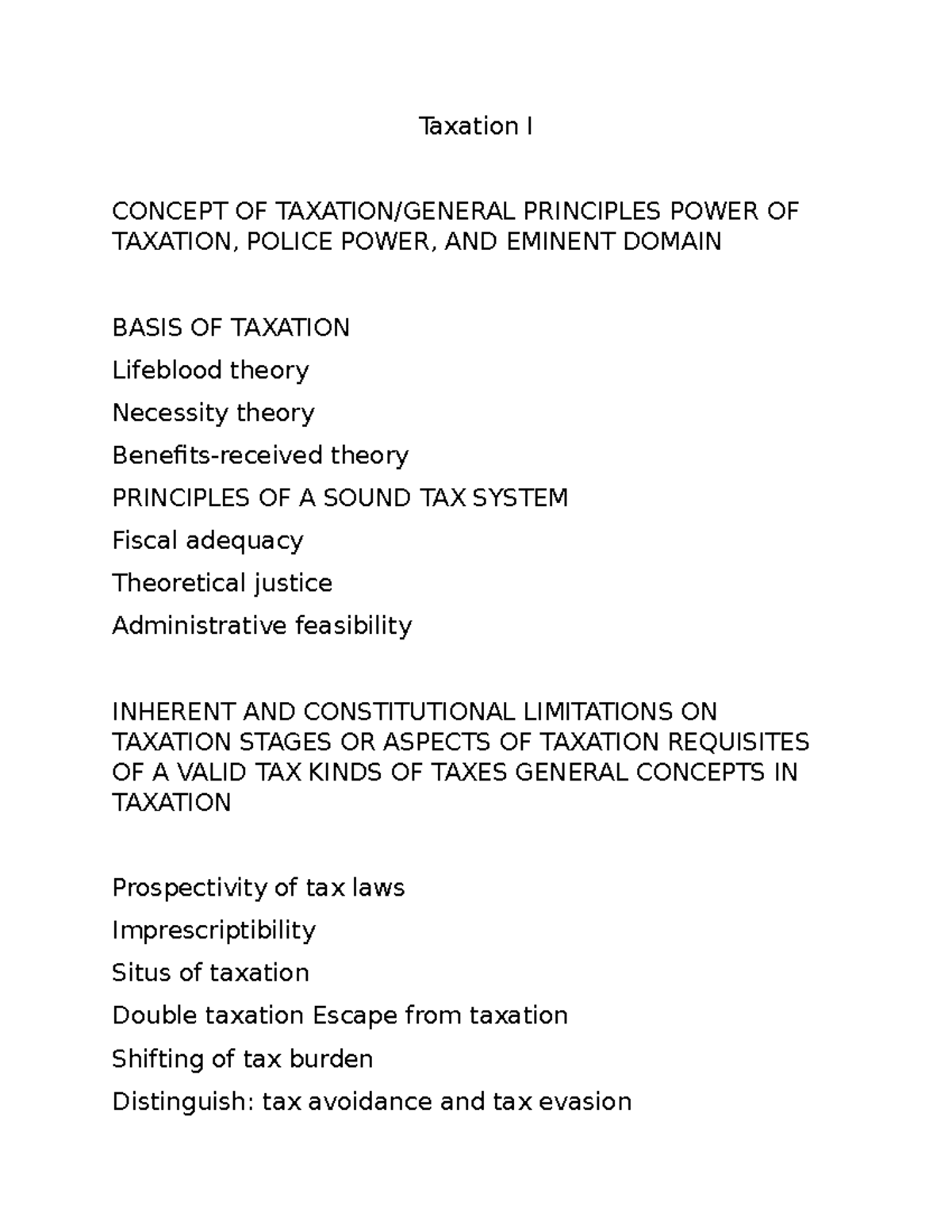 Taxation I Syllabus - Taxation I CONCEPT OF TAXATION/GENERAL PRINCIPLES ...