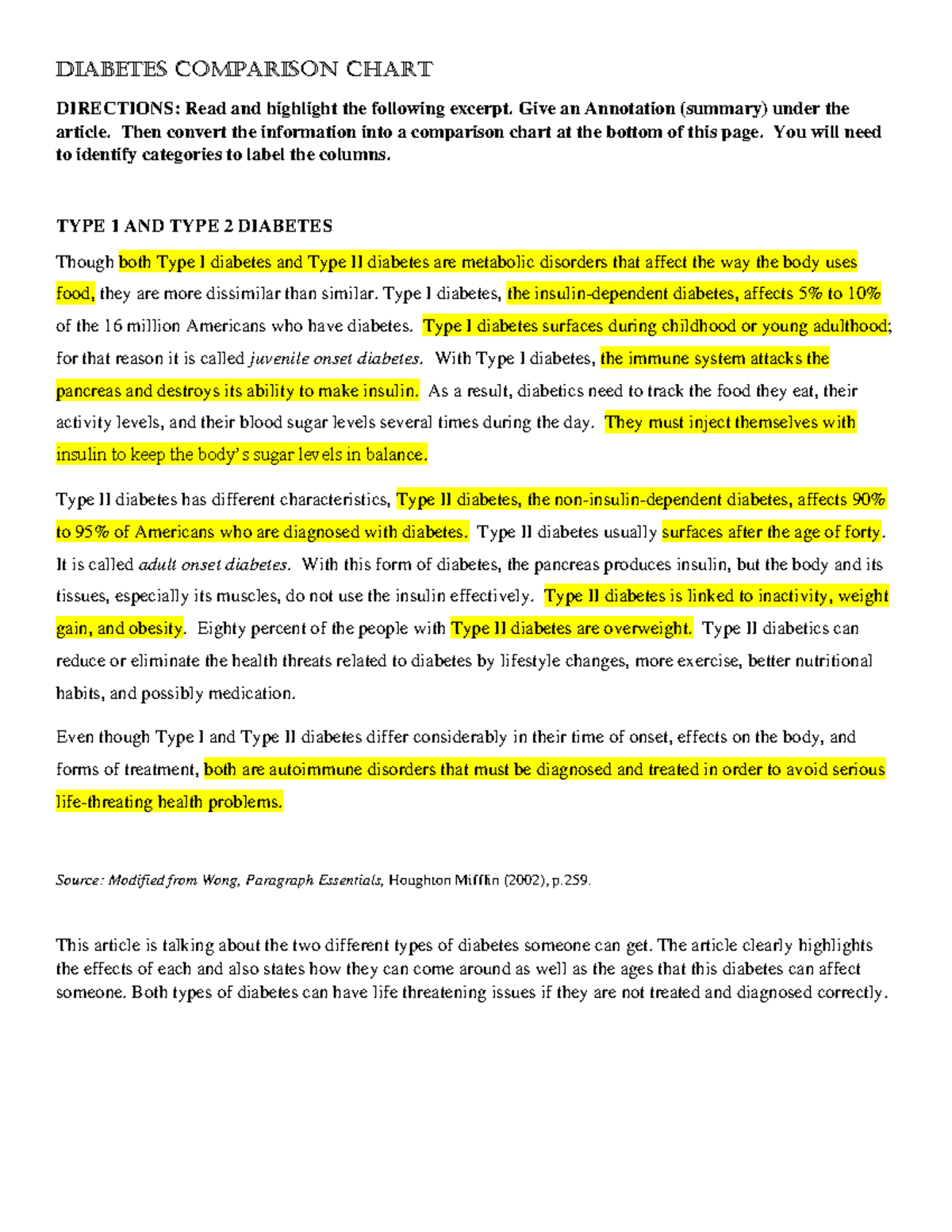 Diabetes Comparison Chart-1-2-1 - DIABETES COMPARISON CHART DIRECTIONS ...