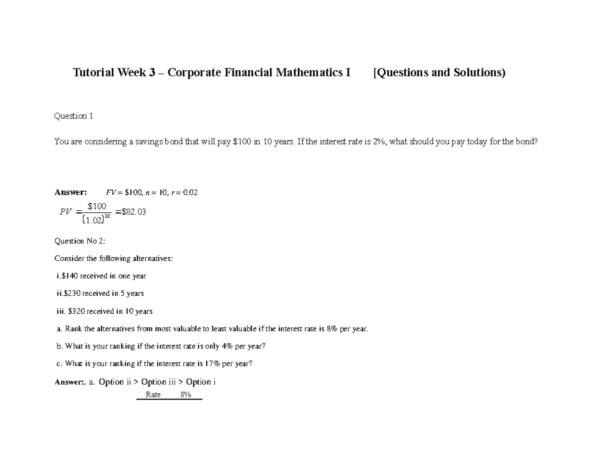 BFW2140 (Tutorial 2 Q&A) - Tutorial Week 3 – Corporate Financial ...