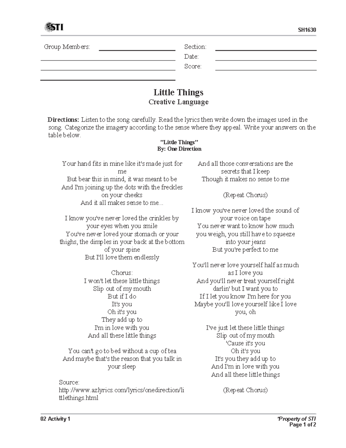 SH1630 - Creative Writing 02 Activity 1 - SH 02 Activity 1 *Property of ...