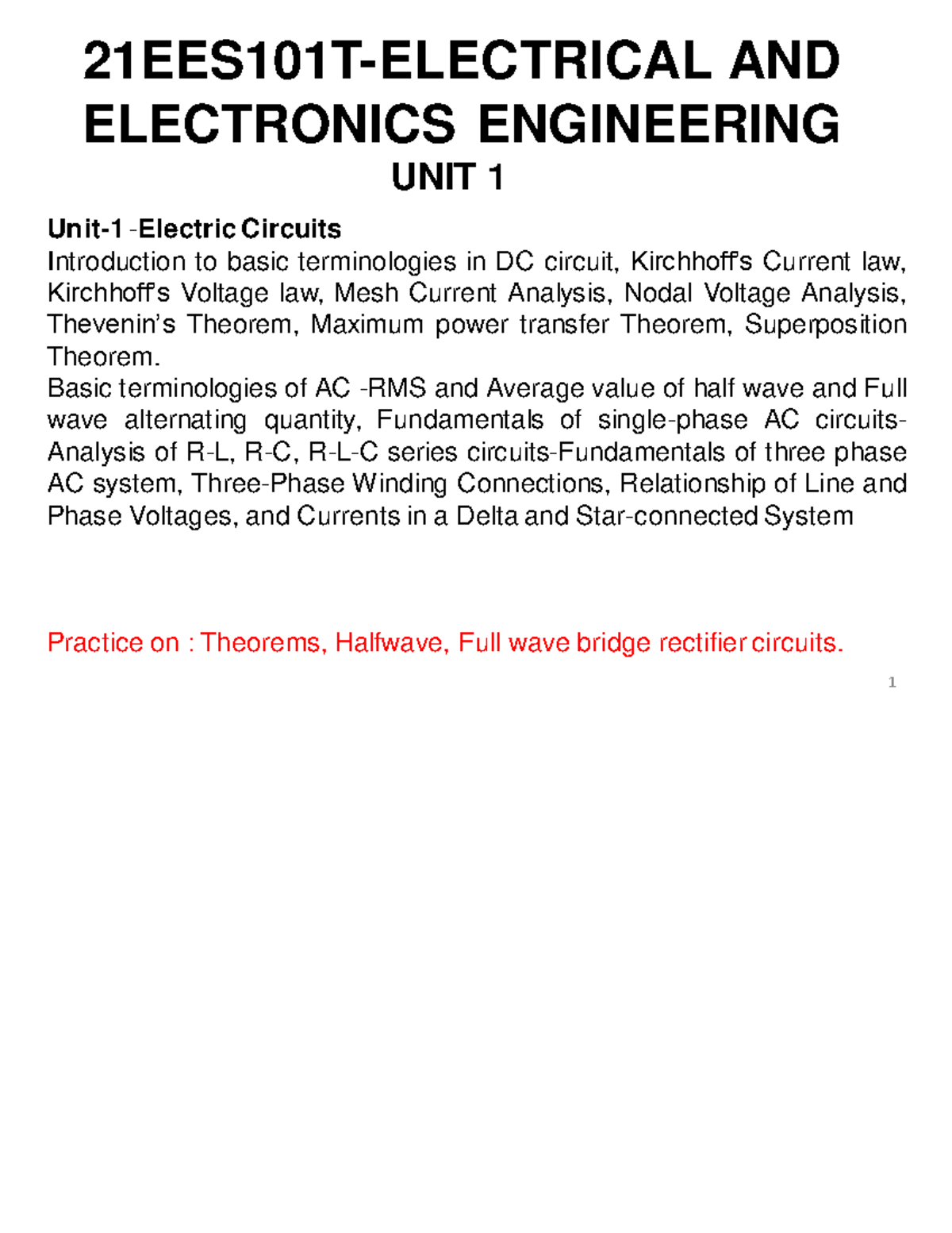 Bee unit 1 - 1 21EES101T-ELECTRICAL AND ELECTRONICS ENGINEERING UNIT 1 Unit- 1 - Electric ...