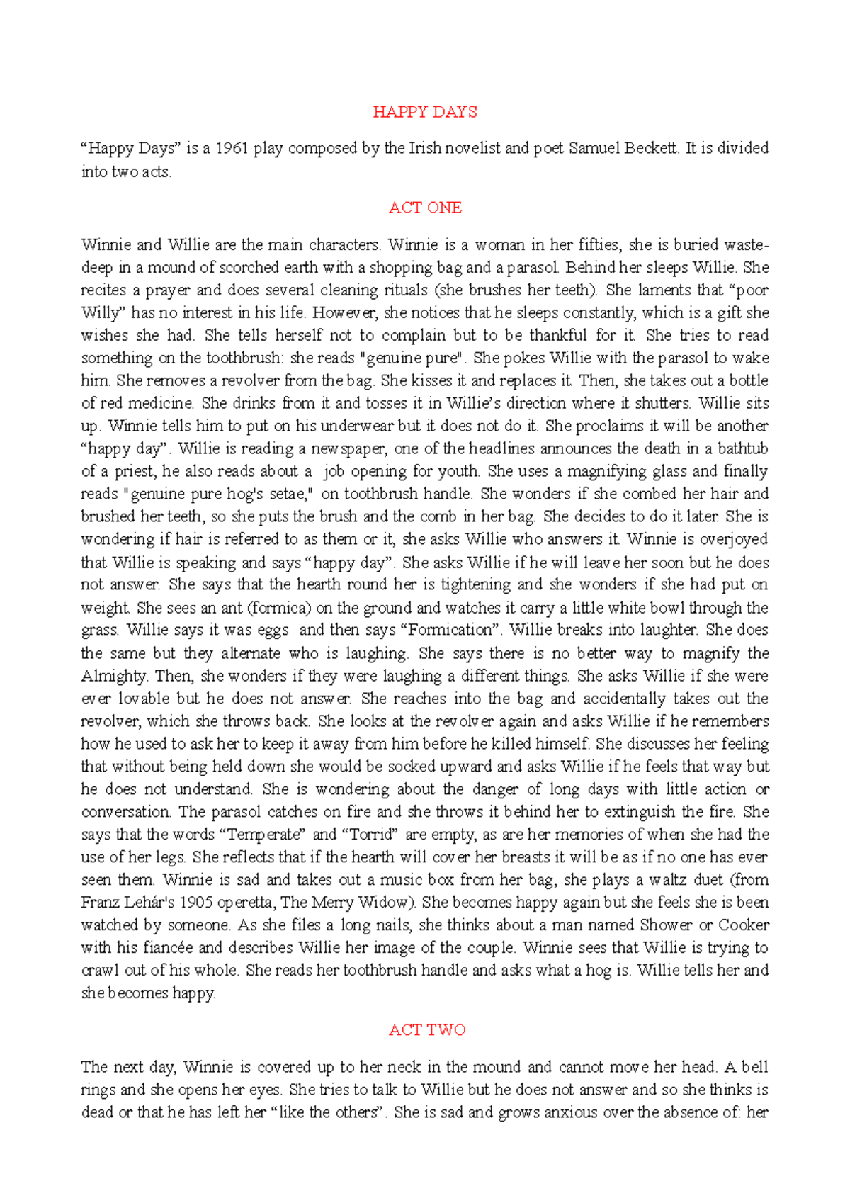 Summary of the play 'Happy days' written by Samuel Beckett - HAPPY DAYS ...