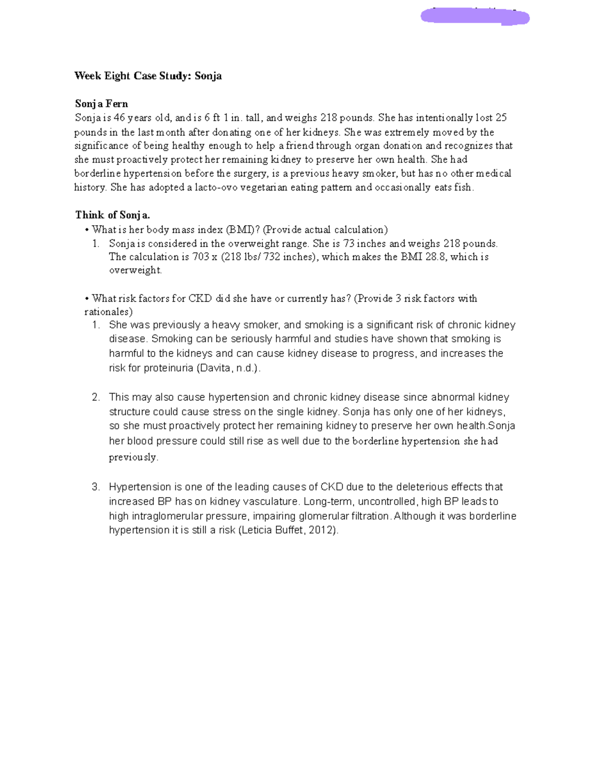 Week Eight Case Study Sonja - Week Eight Case Study: Sonja Sonja Fern ...