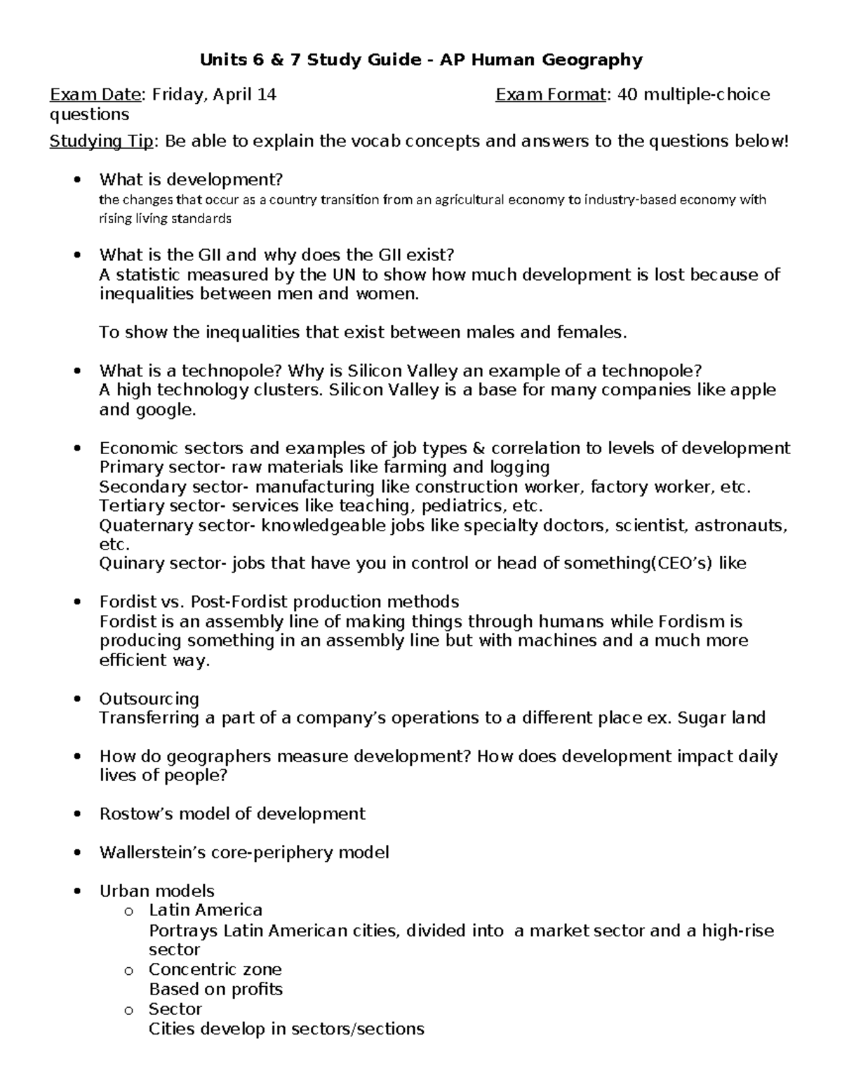Units 6 & 7 Study Guide - Units 6 & 7 Study Guide - AP Human Geography ...